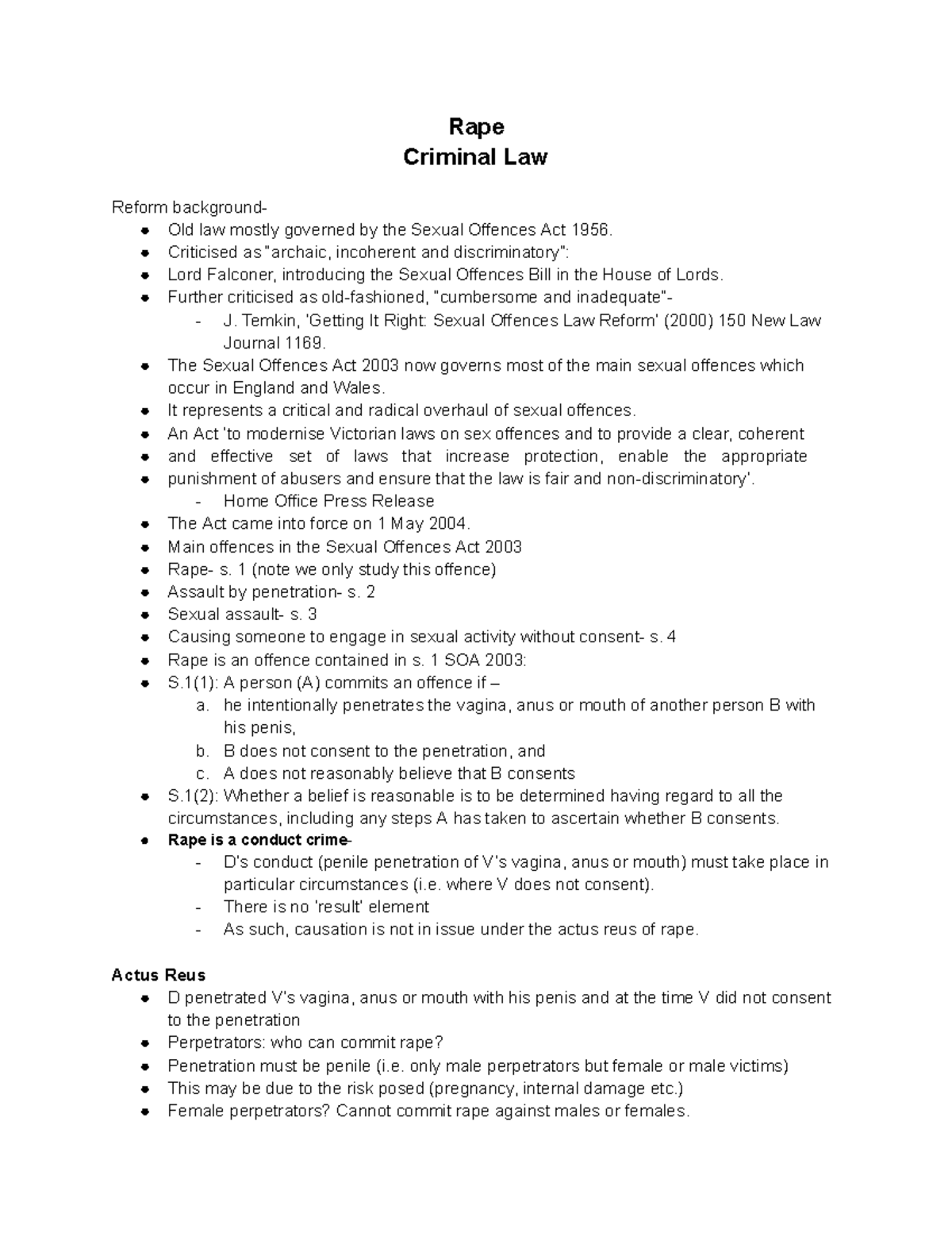 Criminal Law- Rape - Lecture notes - Rape Criminal Law Reform ...