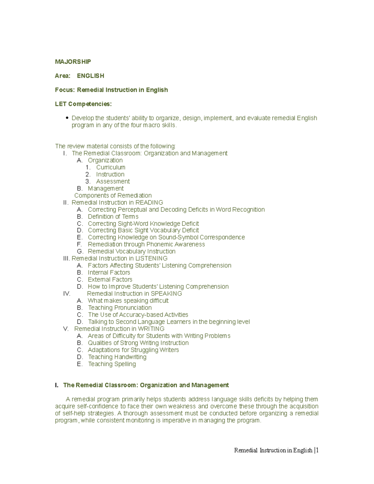 Remedial Program Lesson MAJORSHIP Area ENGLISH Focus Remedial 