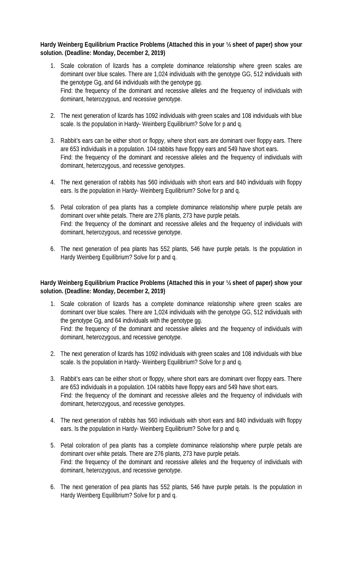 Hardy Weinberg Equilibrium Practice Problems - (Deadline: Monday ...