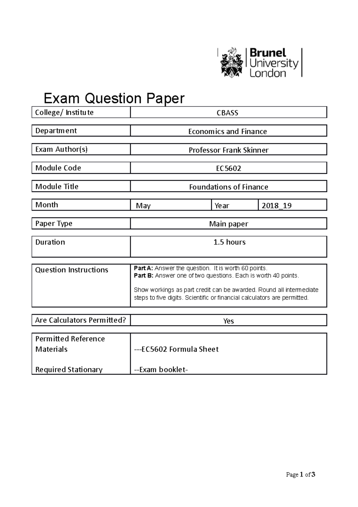 Exam May 2019 - Exam Question Paper College/ Institute CBASS Department ...