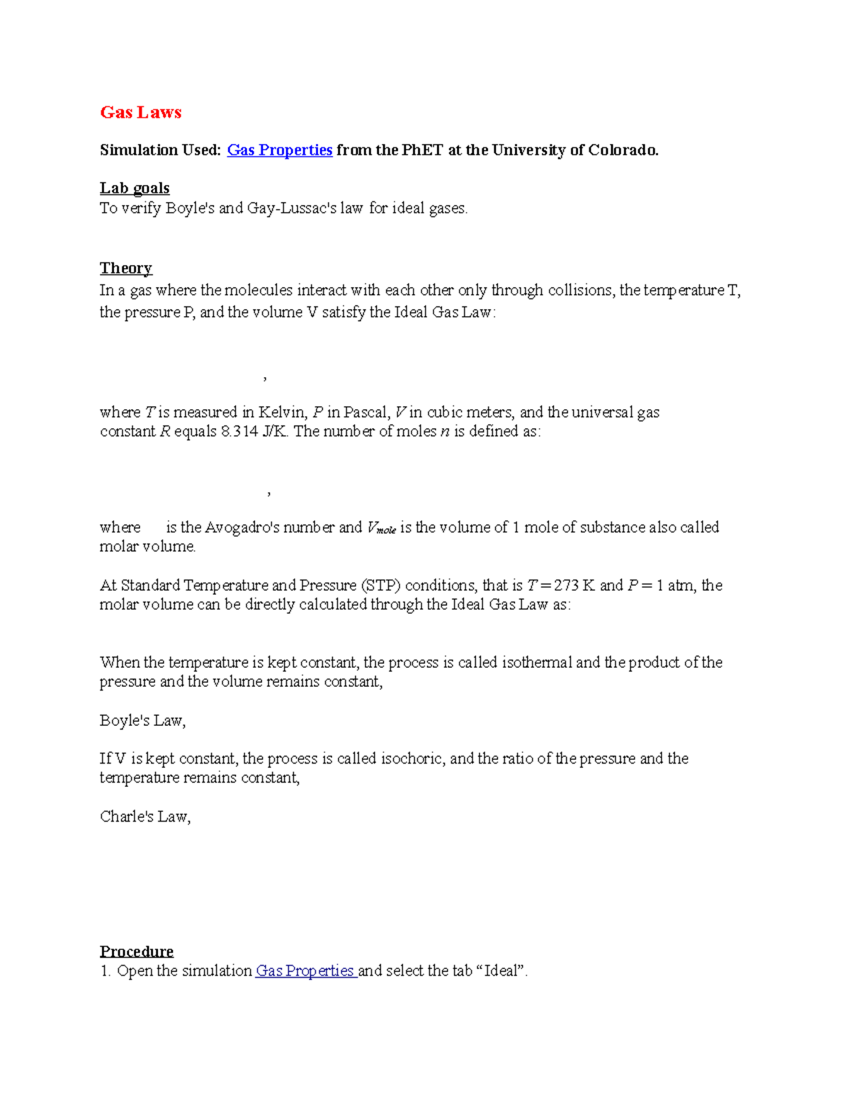 PHY 201 - Gas Laws Online - Gas Laws Simulation Used: Gas Properties ...