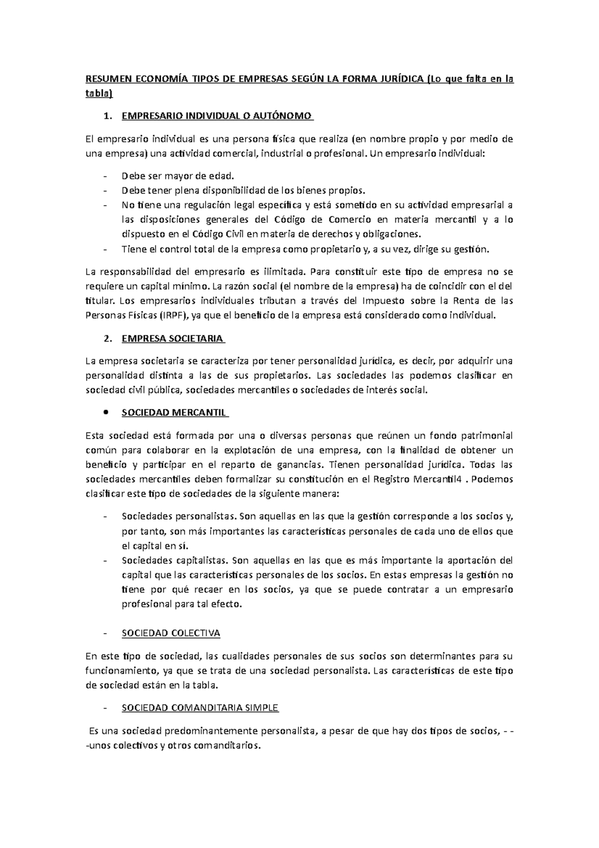 Resumen Economía Tipos DE Empresas Según LA Forma Jurídica - RESUMEN ...