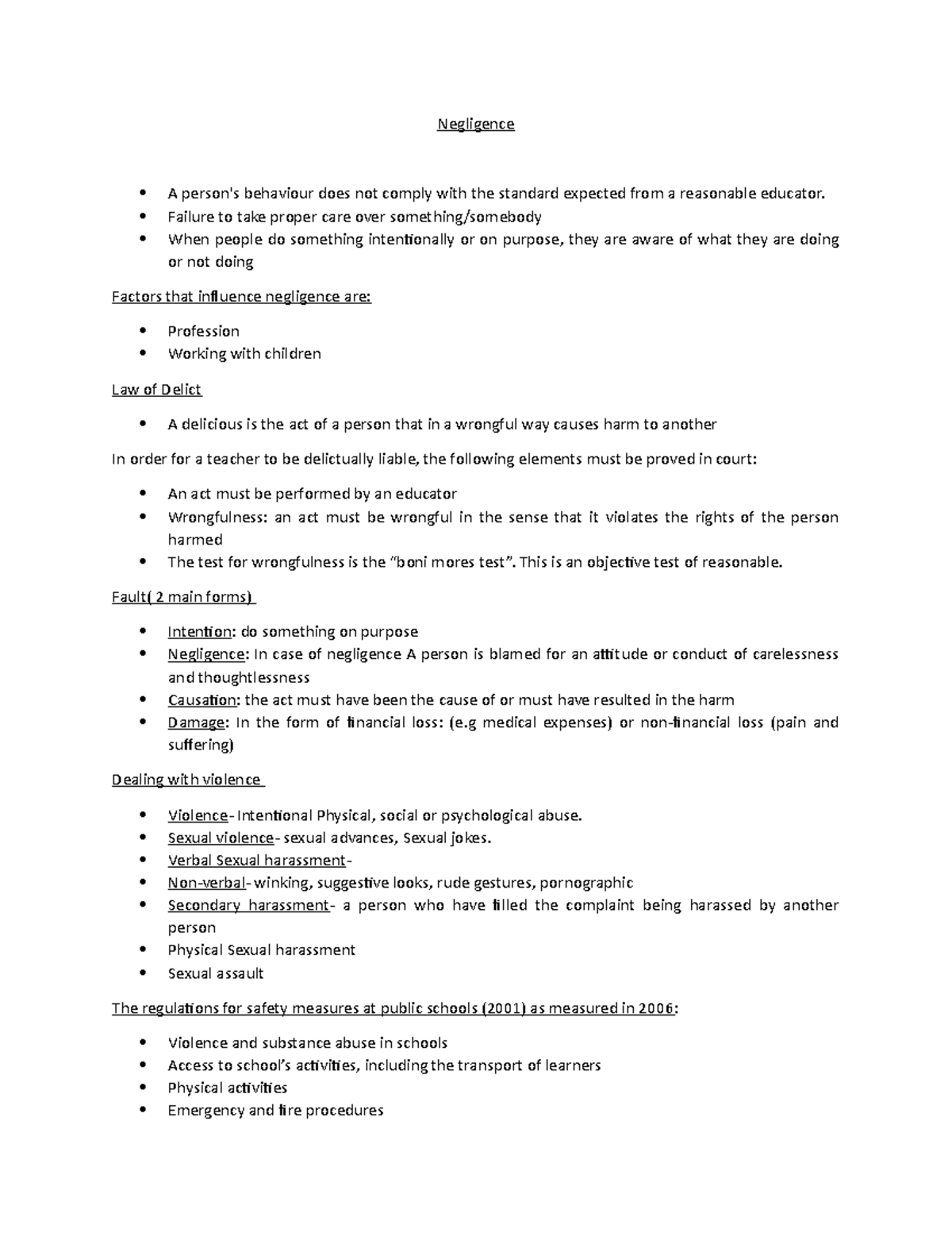 Week 4 notes - Negligence A person's behaviour does not comply with the ...