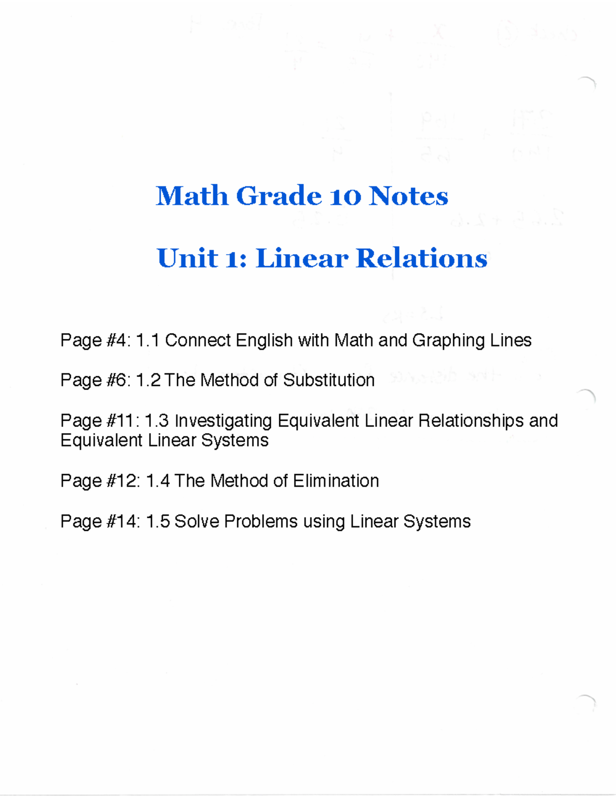 #1 Linear Relations 1.1-1.5 - del Math Grade 10 Notes Unit 1: Linear ...