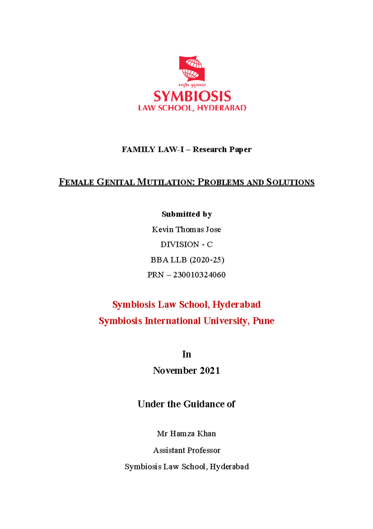 2001 0324060 Family Law - FAMILY LAW-I – Research Paper FEMALE GENITAL ...