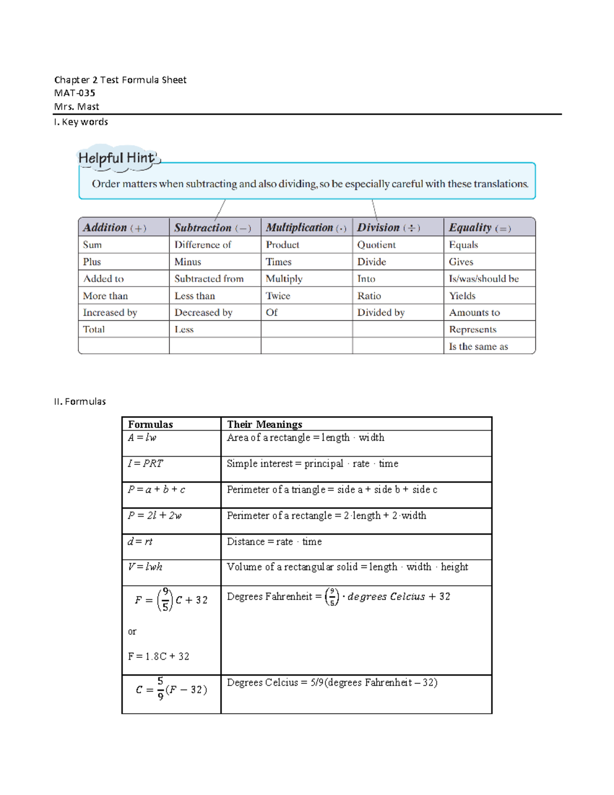 Chapter 2 Test Formula Sheet - Chapter 2 Test Formula Sheet MAT- Mrs ...