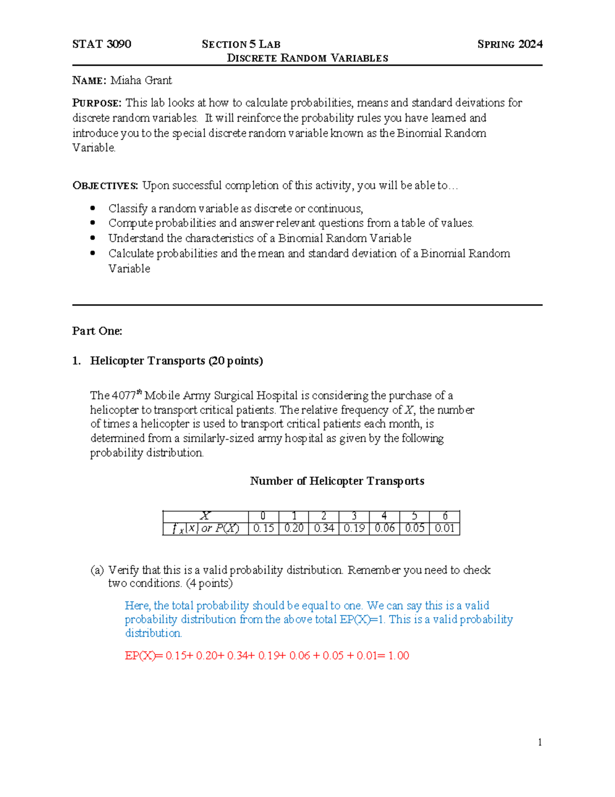 Lab 5 Section 5 Lab Discrete Random Variables Name Miaha Grant Purpose This Lab Looks At