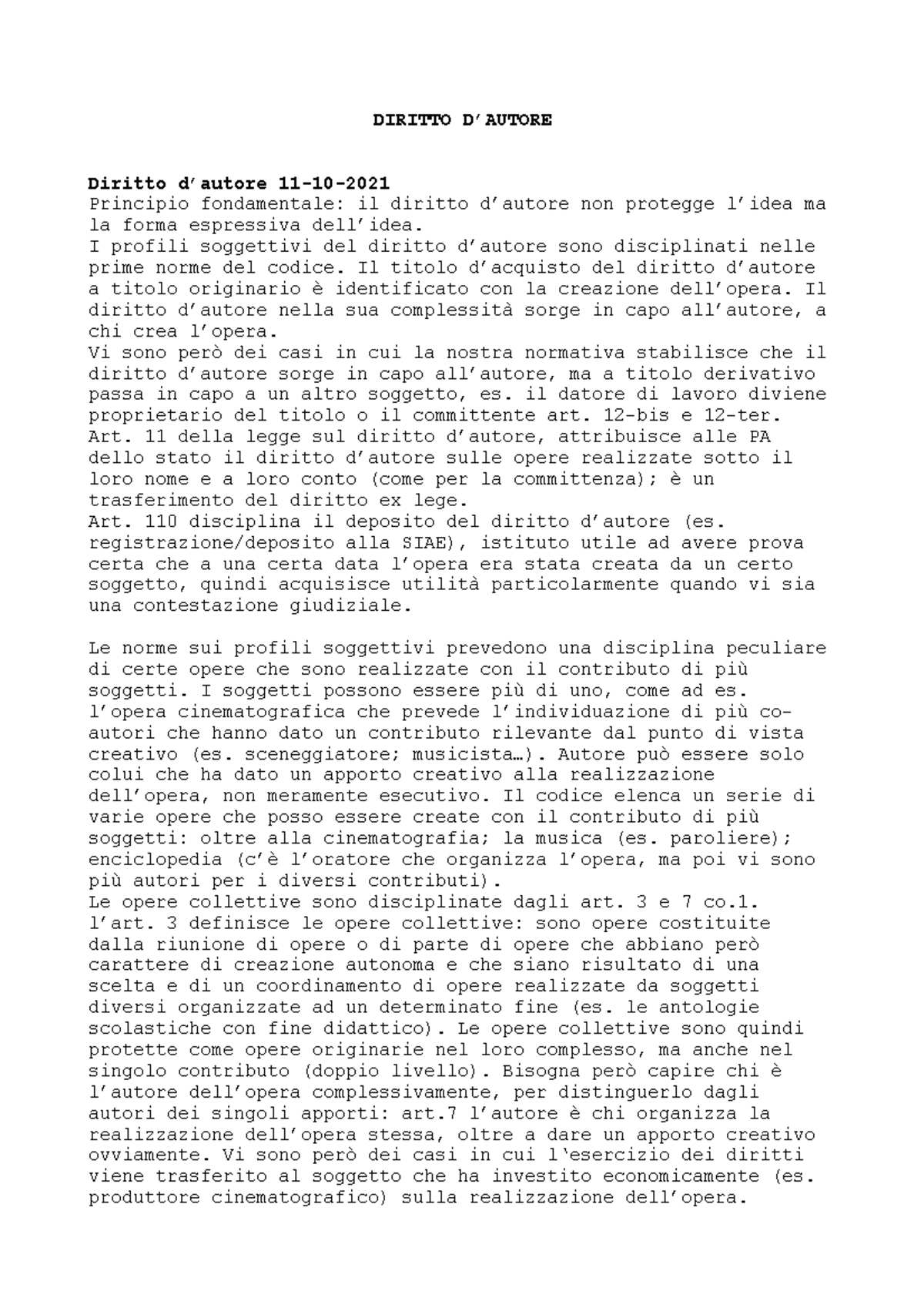 Diritto d'autore - Lezioni prof. giudici - DIRITTO D’AUTORE Diritto d ...