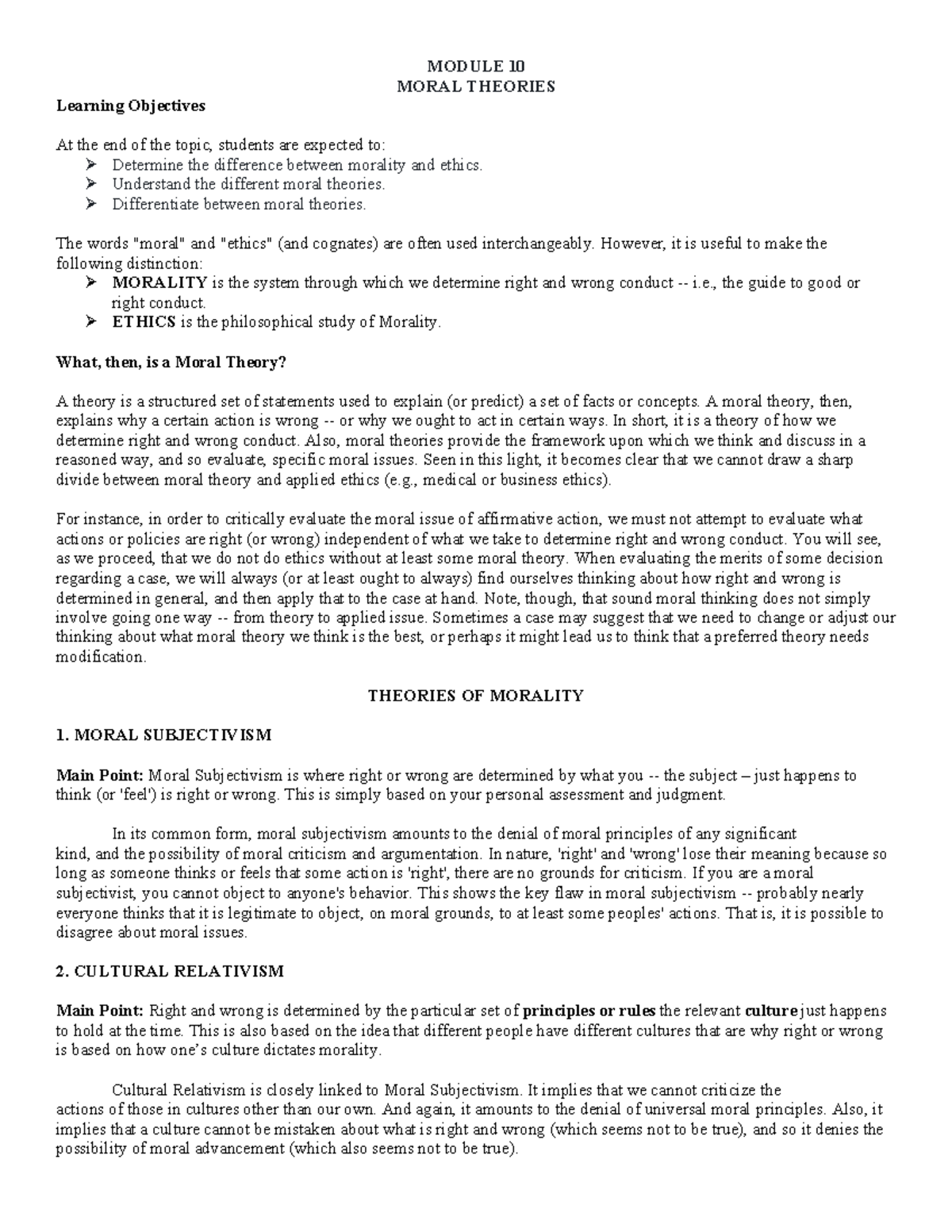 Module 10 - Jdisiskkskz - MODULE 10 MORAL THEORIES Learning Objectives ...