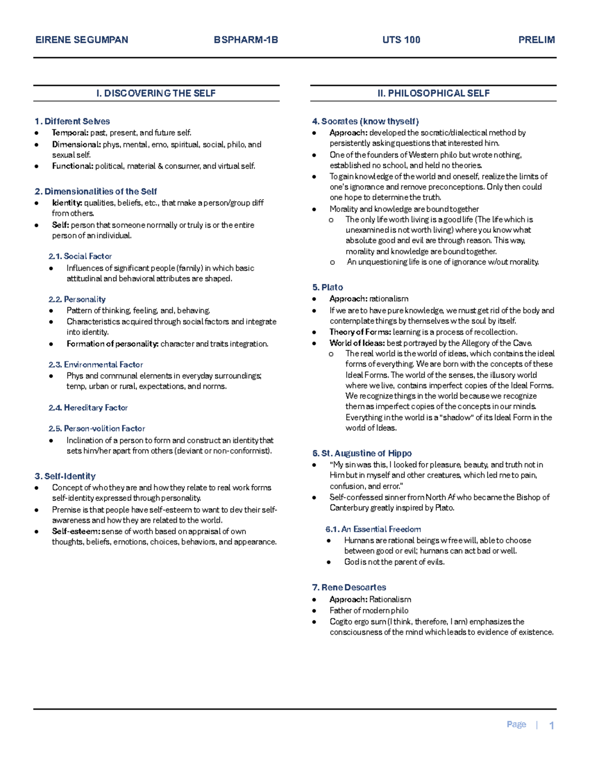 UTS 100 Prelim - Reviewer for the subject, shortened for summarized reading and less paper to ...