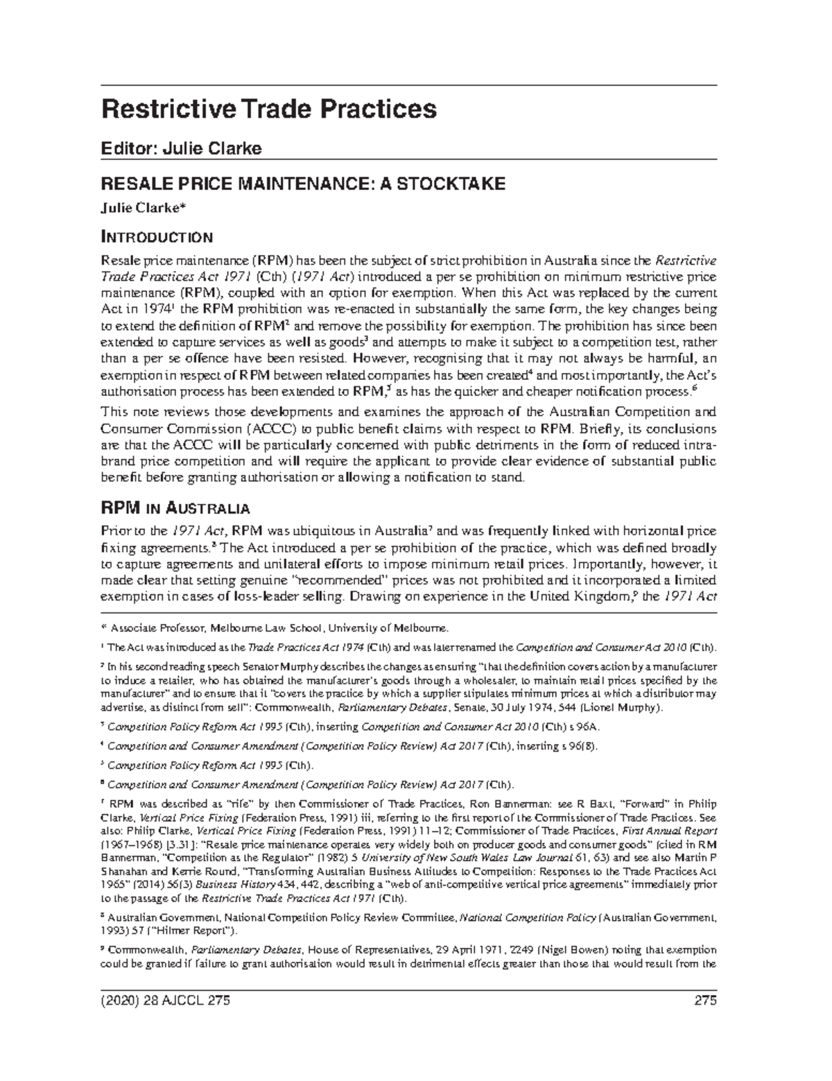 Clarke Resale Price Maintenance A Stocktake (2020) 28 Ajccl 275 ...