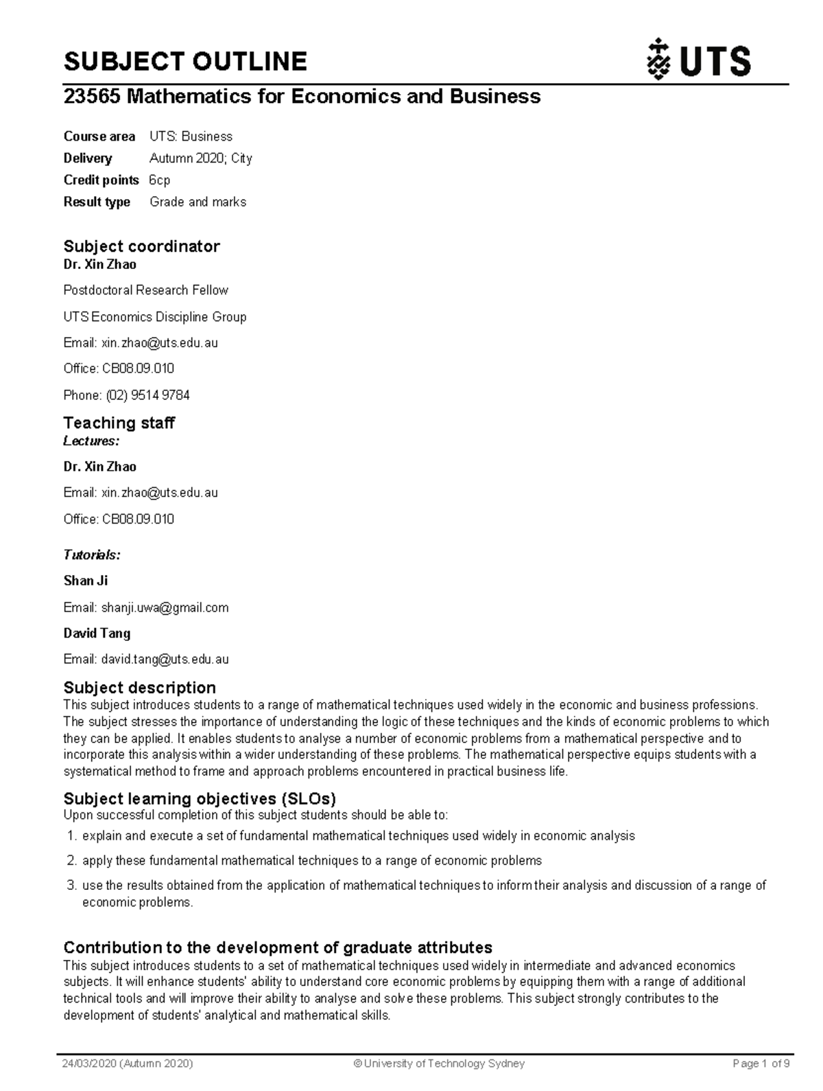 Mathematics for Economics and Business Subject Outline - SUBJECT ...