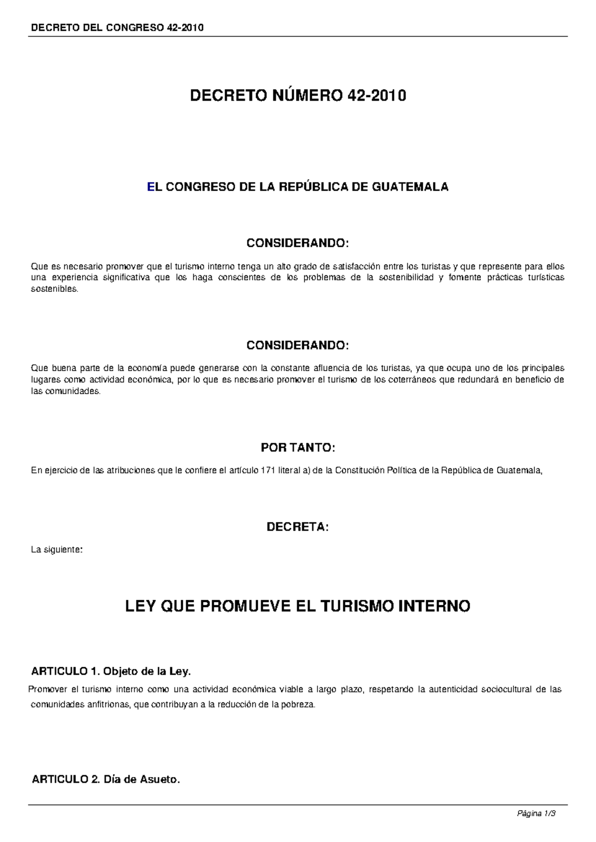 Ley que Promueve el Turismo Interno Decreto 42-2010 - DECRETO DEL CONGRESO 42- DECRETO NÚMERO 42 ...