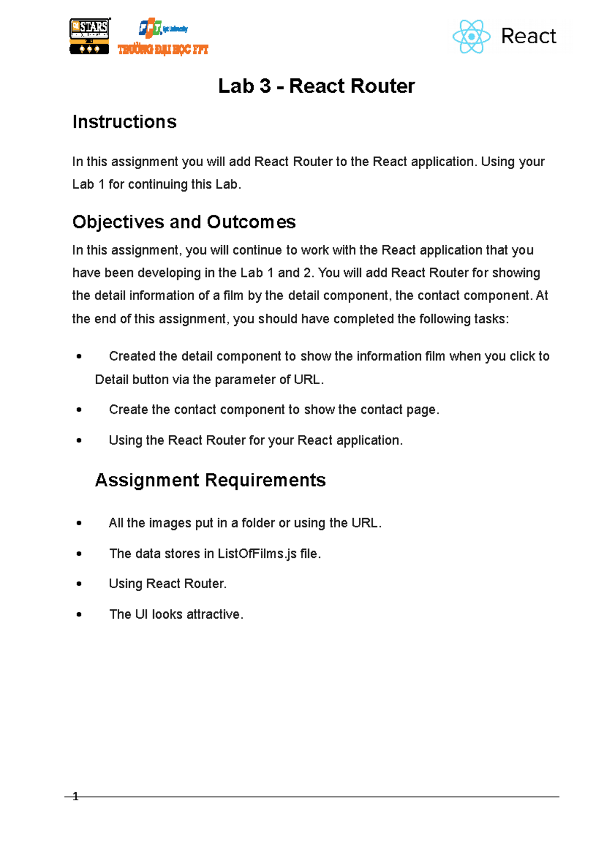 Lab 3 React Router - Lab 3 - React Router Instructions In this assignment you will add React ...