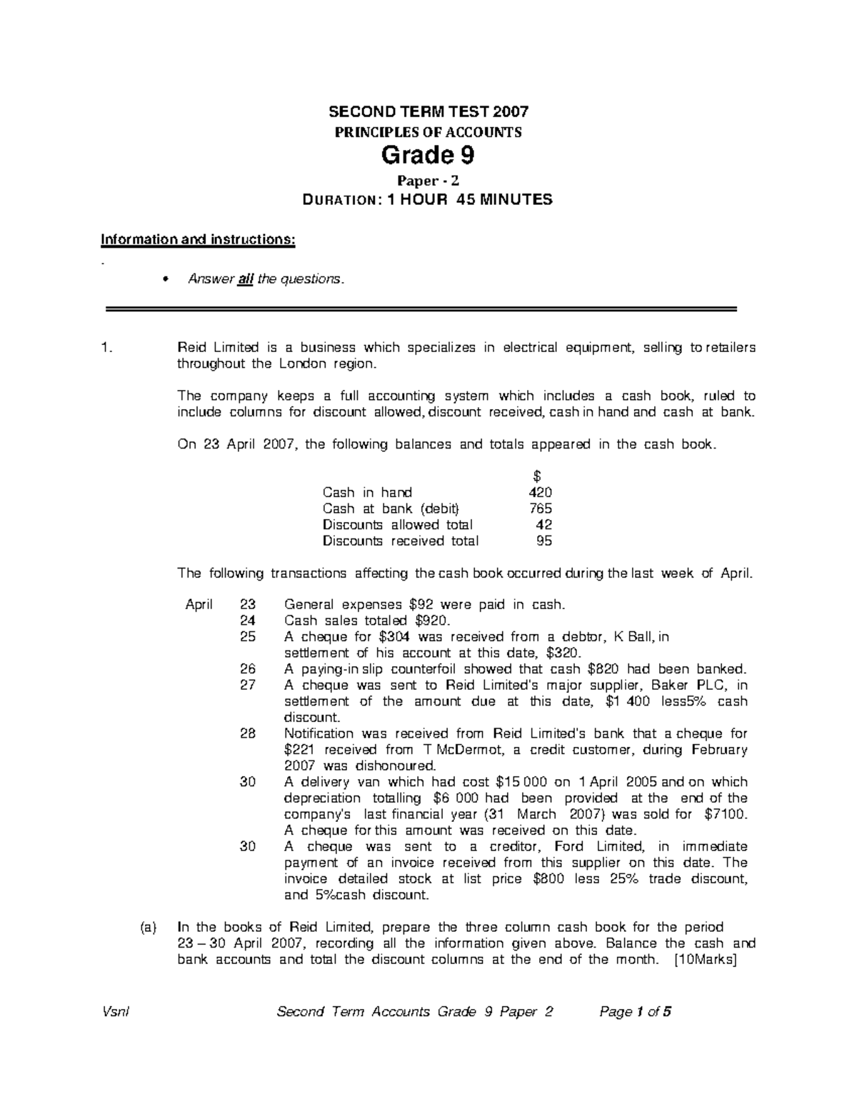 Grade 9 Accounting p2 - SECOND TERM TEST 2007 PRINCIPLES OF ACCOUNTS ...