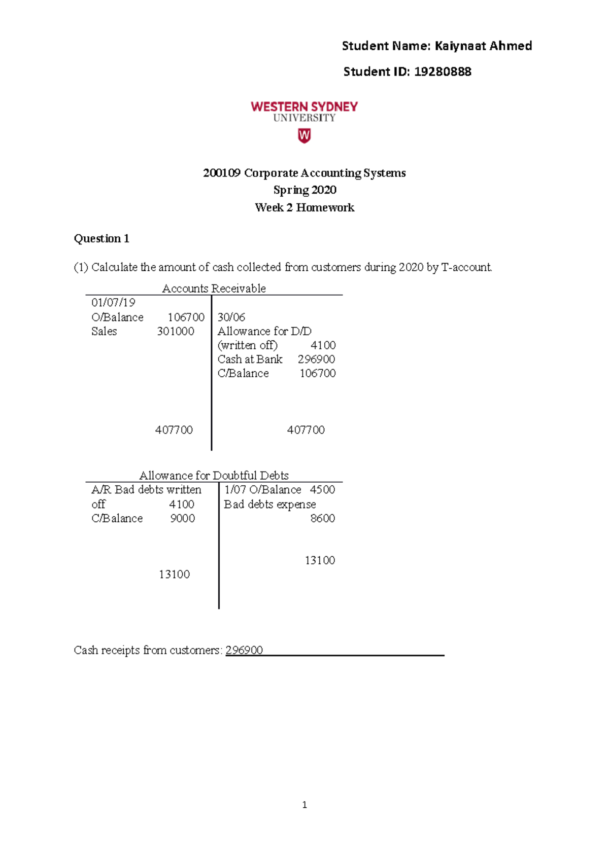 2001 09 Week 2 Homework Answer Sheet - Student ID: 19280888 200109 ...