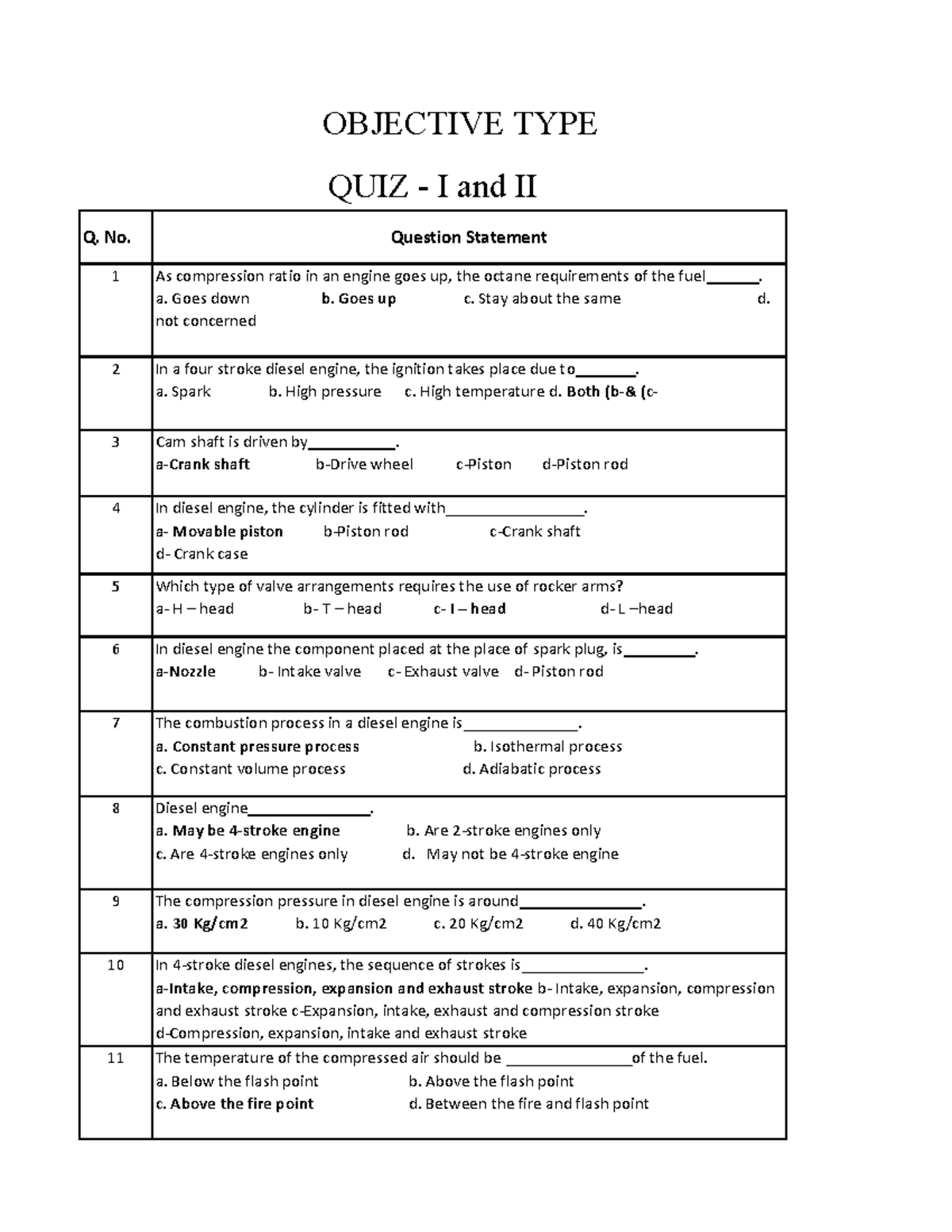 QUIZ Questions - OBJECTIVE TYPE Q. No. Question Statement 1 As compression ratio in an engine ...