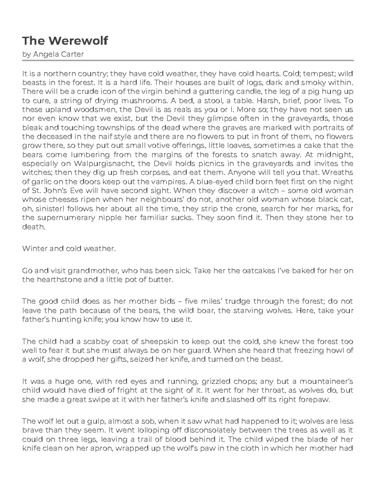 “The Werewolf” - The Werewolf poem by Angela Carter is a poem that can be utilized in the paper ...
