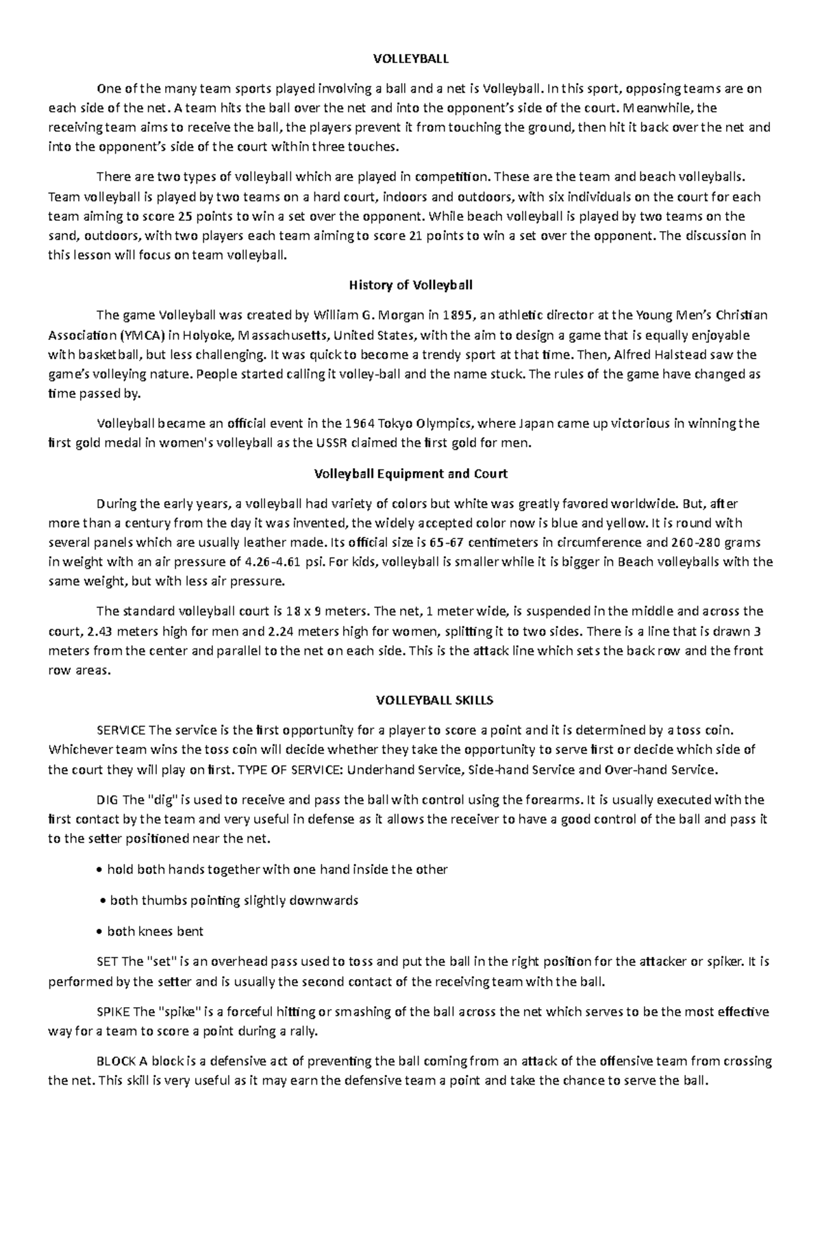 Lesson 1 Volleyball worksheet 2 - VOLLEYBALL One of the many team ...