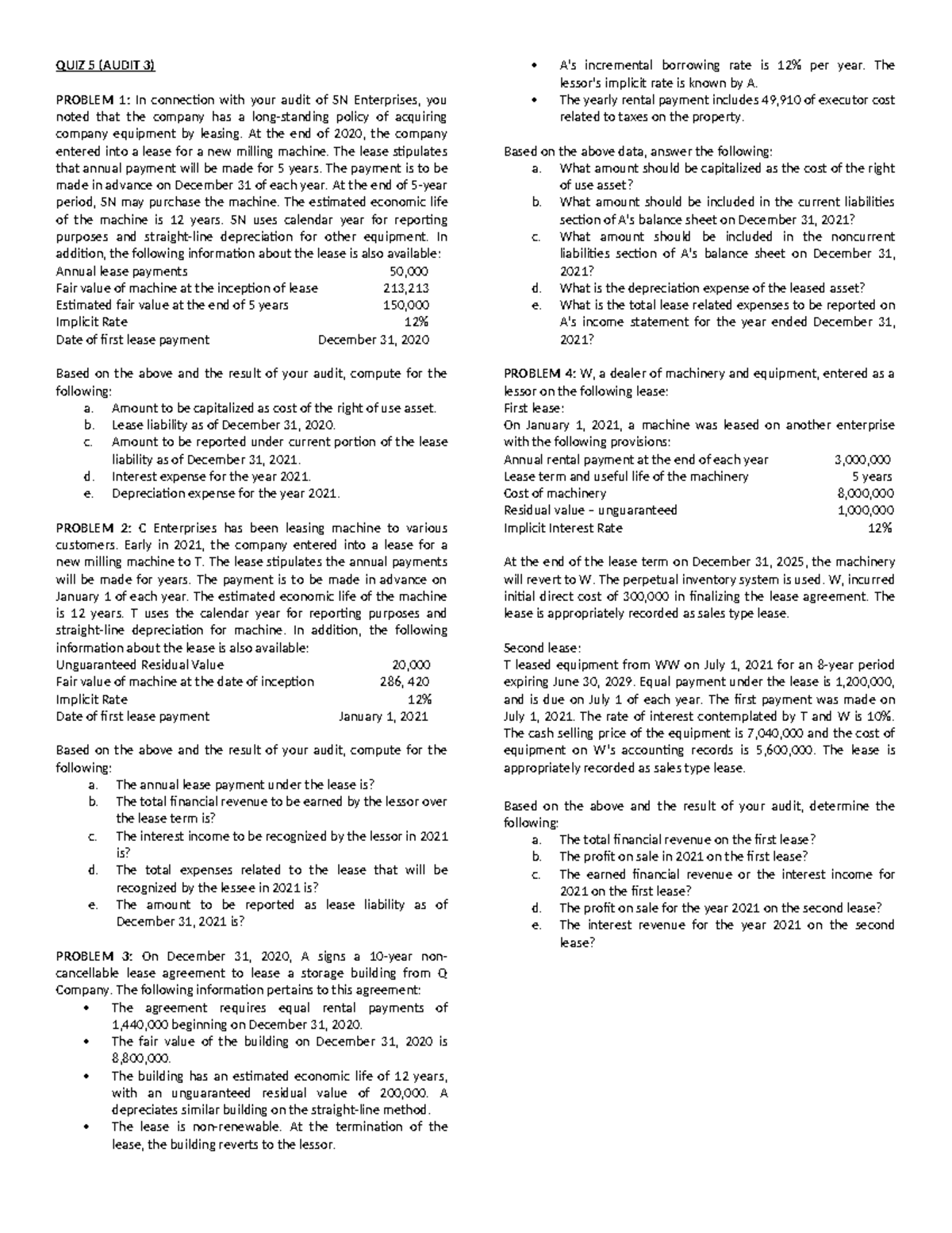 Audit 3 (Quiz 5) - Liabilitiesss - QUIZ 5 (AUDIT 3) PROBLEM 1: In ...