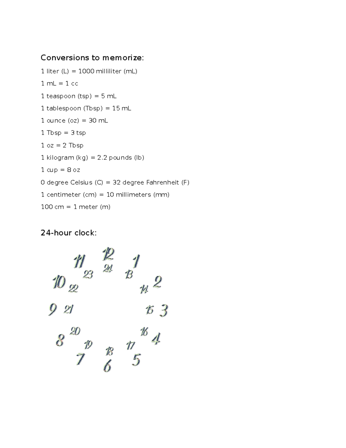 Conversions, 24 hr clock, and abbreviations - Conversions to memorize ...