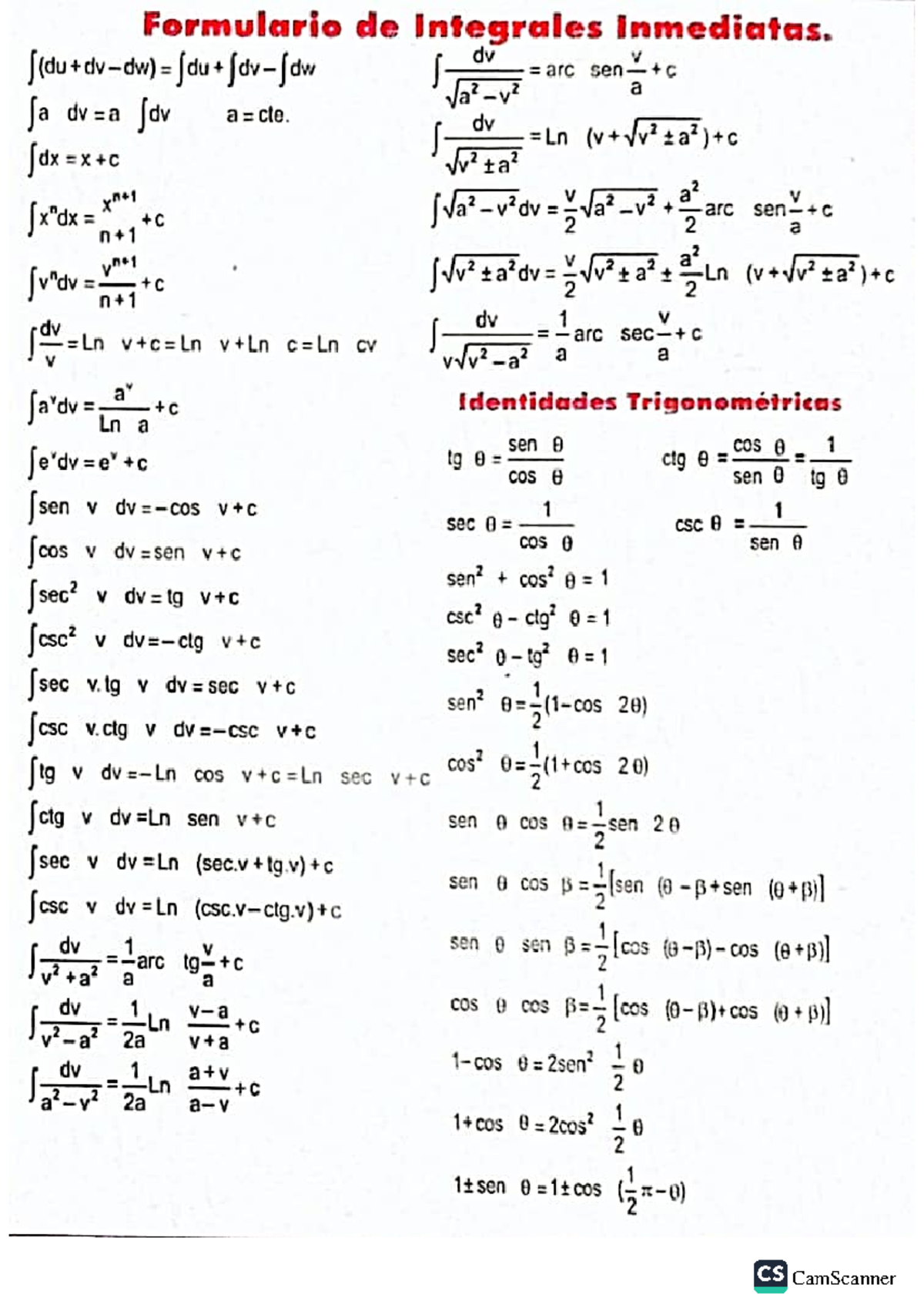 Formulario Inter 1 - formulas - Formulario de Integrales Inmediatas. dv ...