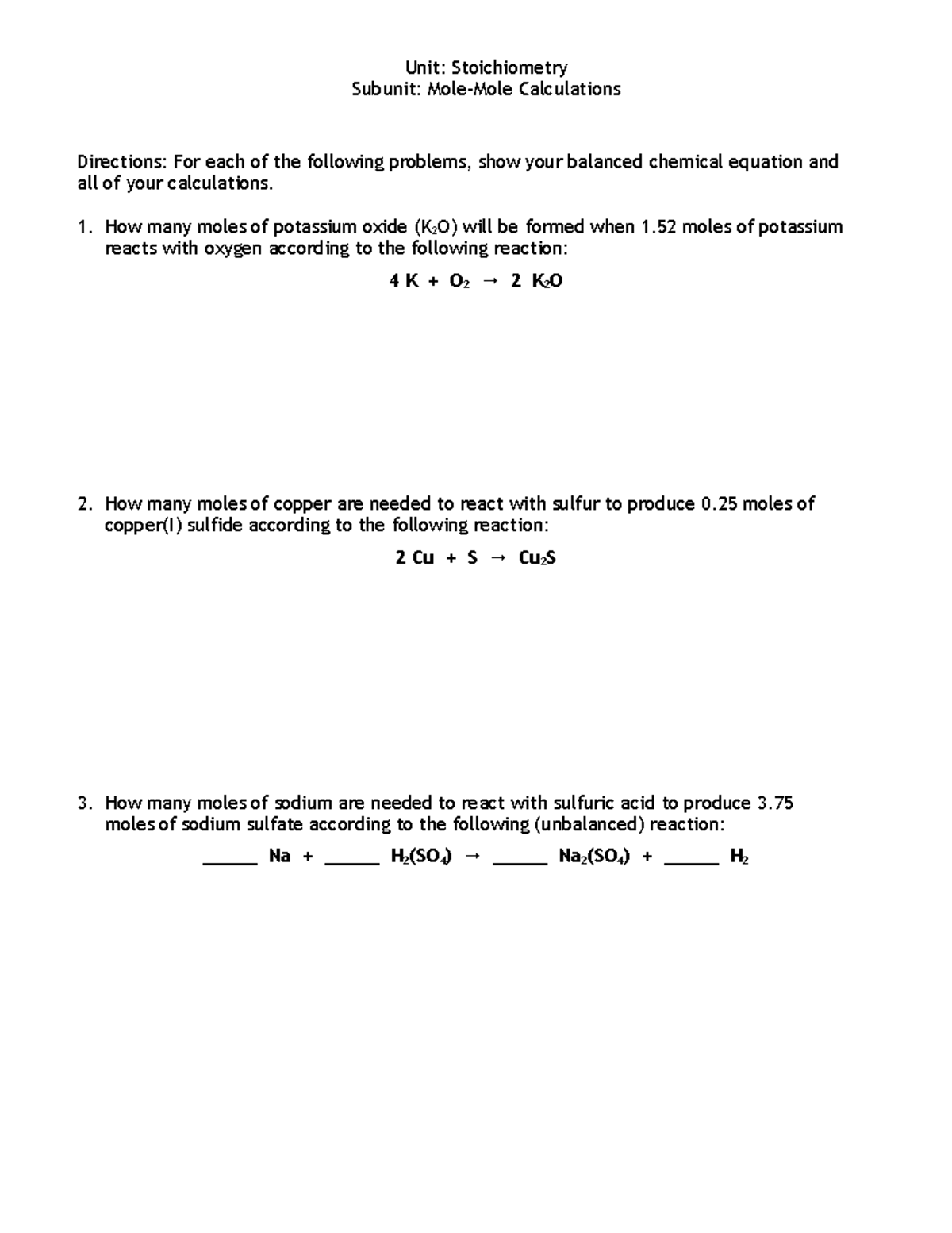 Mole-Mole Calculations Homework - Unit: Stoichiometry Subunit: Mole ...