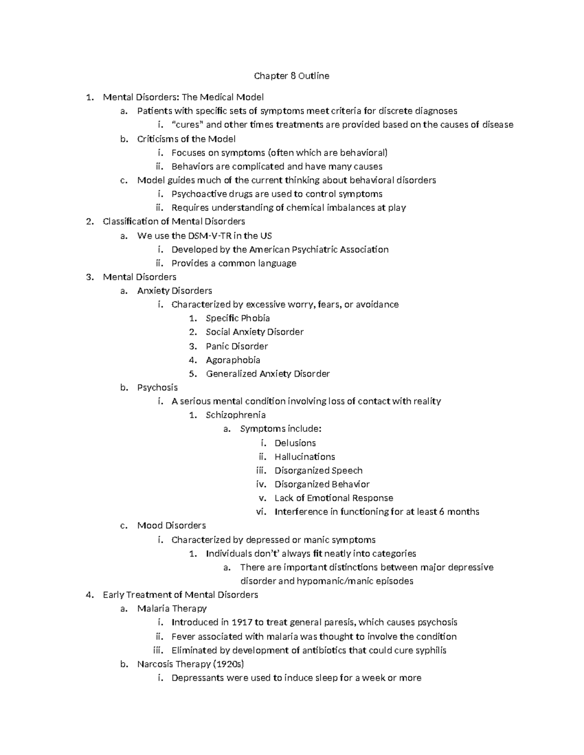 Chapter 8-Outline - Chapter 8 Outline Mental Disorders: The Medical Model a. Patients with ...
