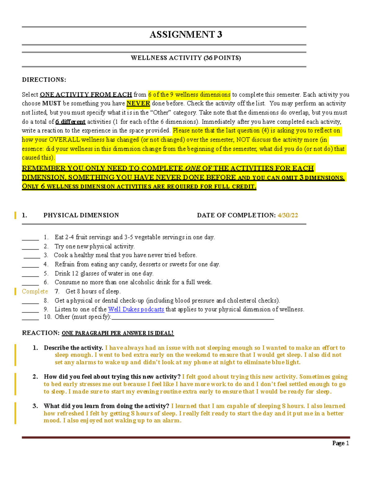 Assignment 3 - ASSIGNMENT 3 WELLNESS ACTIVITY (36 POINTS) DIRECTIONS ...