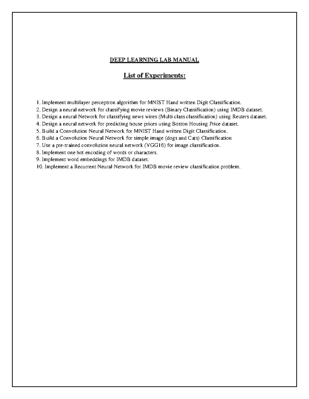 Deeplearning LAB Manual - DEEP LEARNING LAB MANUAL List of Experiments: Implement multilayer ...