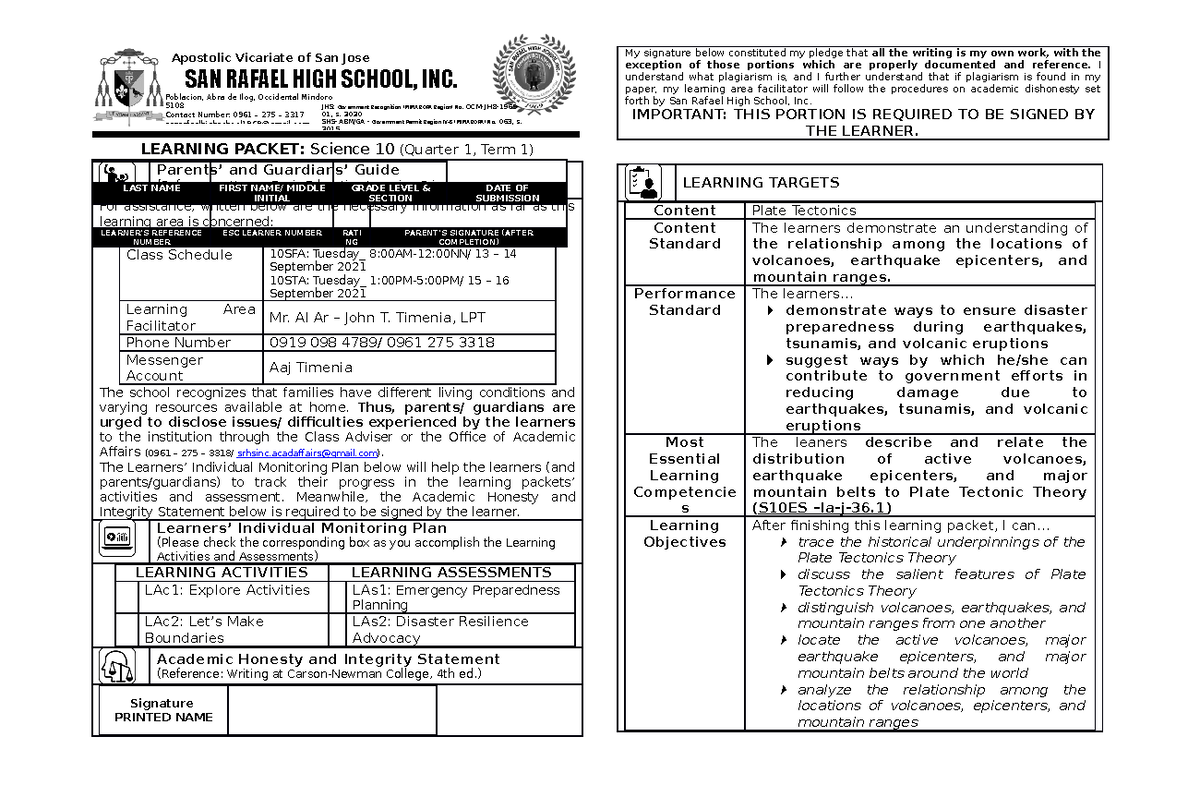 Lr P Q1-1. Science 10 - LEARNING PACKET: Science 10 (Quarter 1, Term 1 ...