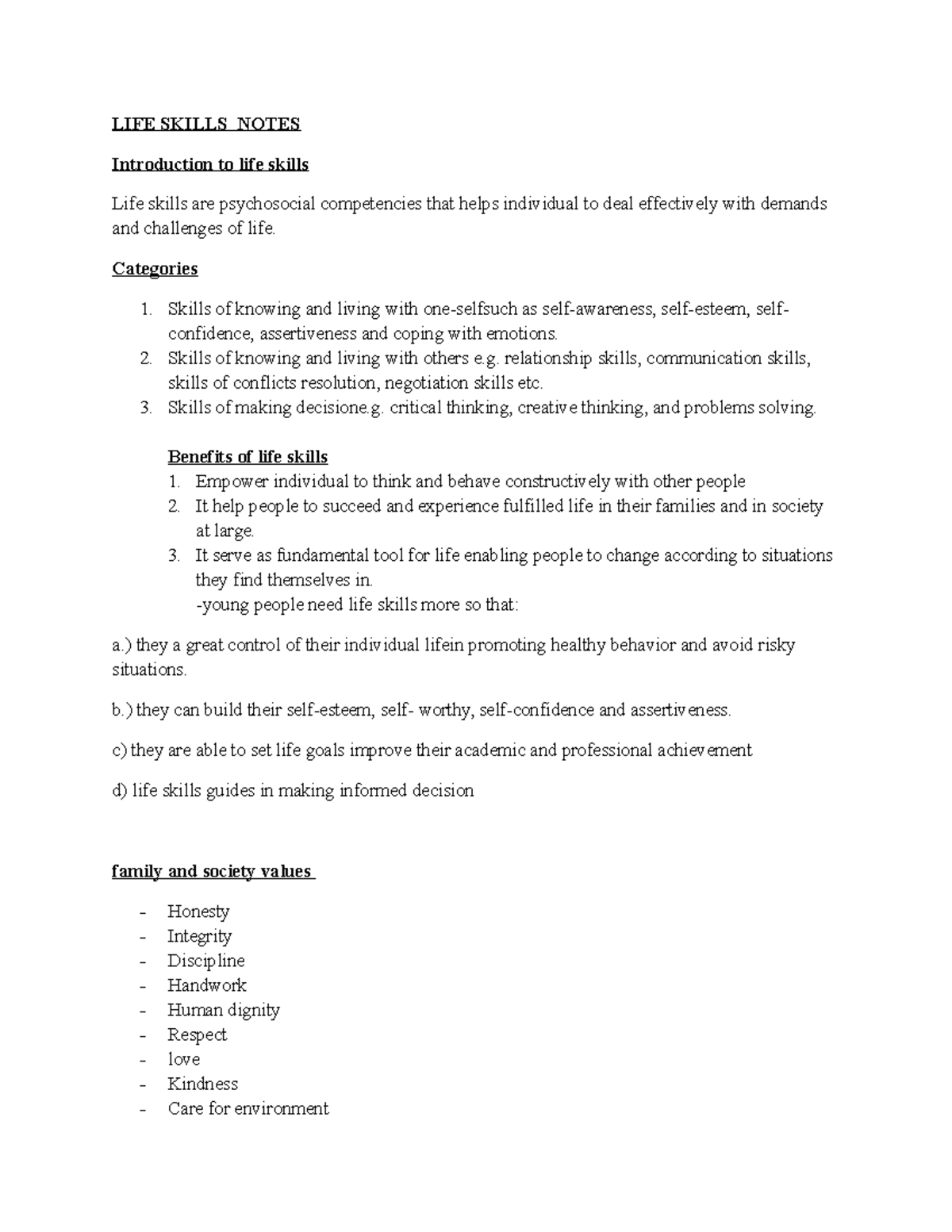 LIFE Skills Notes - LIFE SKILLS NOTES Introduction to life skills Life ...