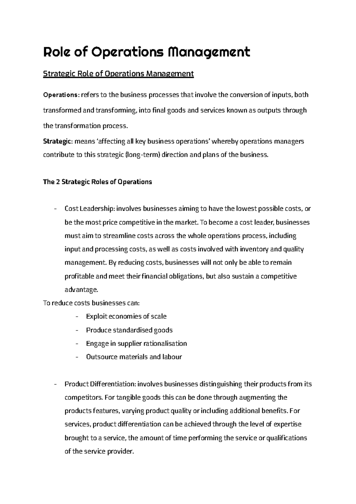 Business Notes - Operations - Role of Operations Management Strategic ...
