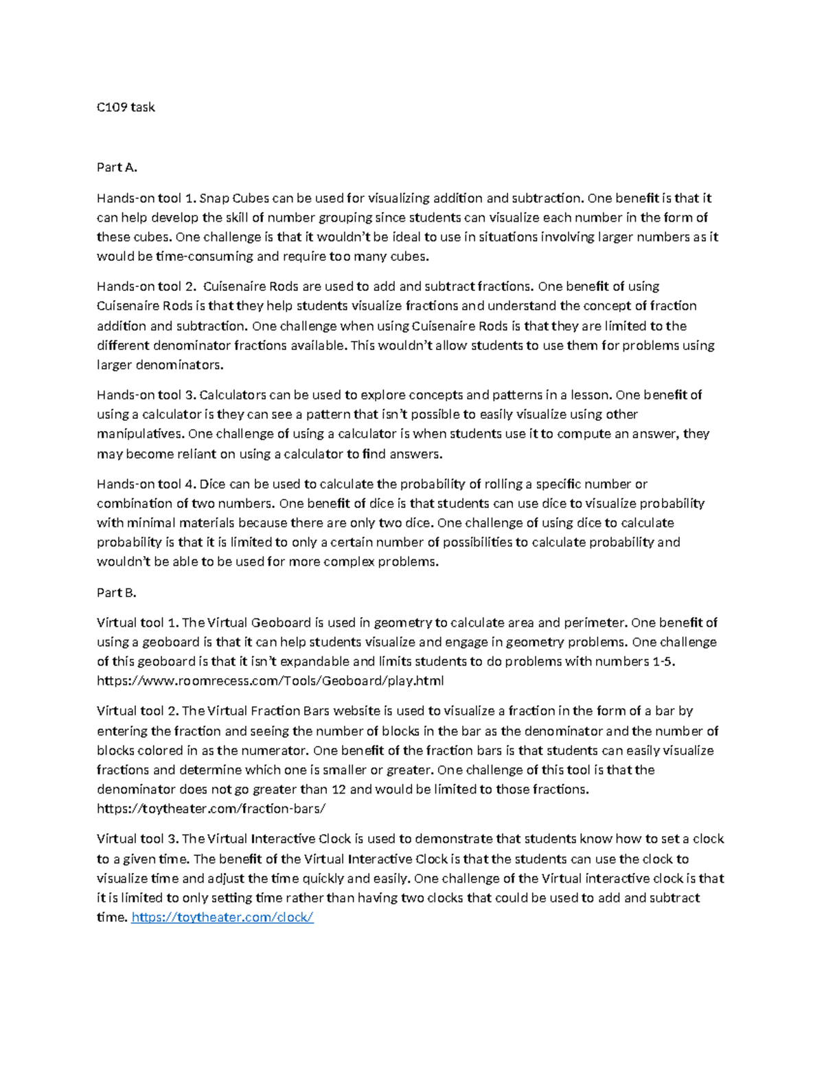 C109 task - ..... - C109 task Part A. Hands-on tool 1. Snap Cubes can ...