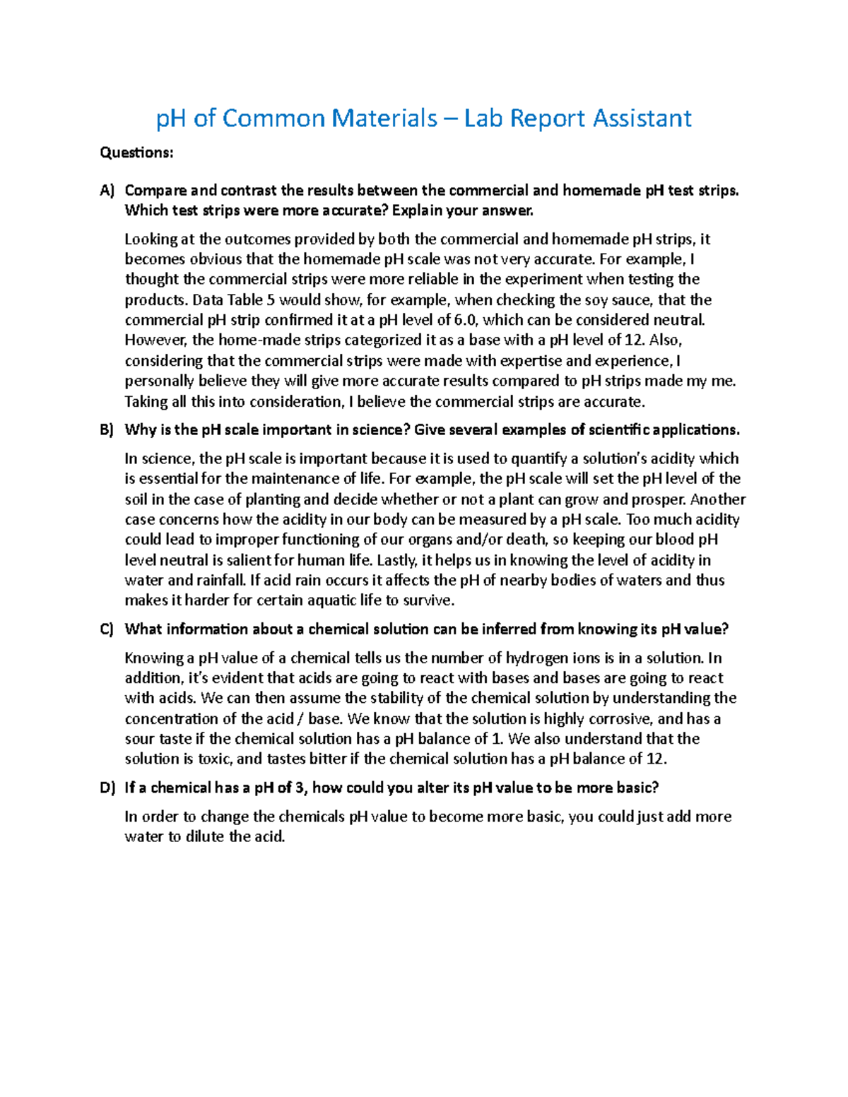 P HLab Exerciseand Evidence - pH of Common Materials – Lab Report ...