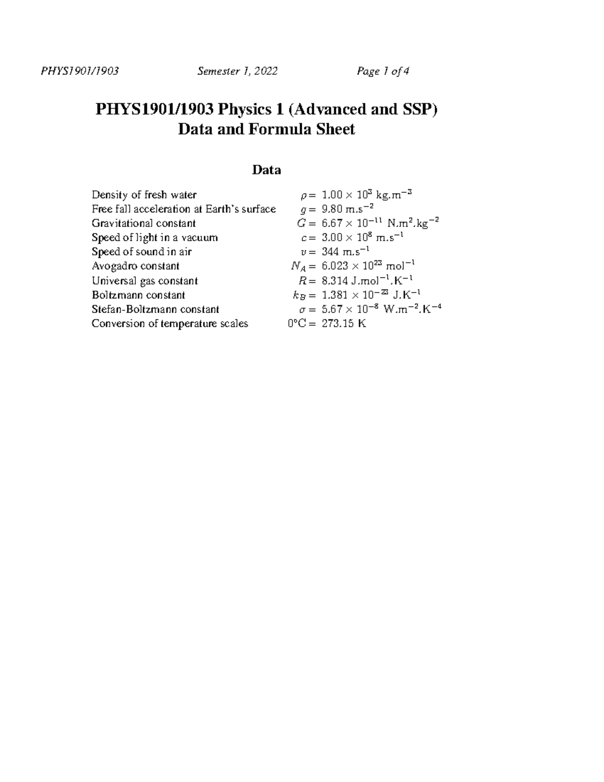 PHYS1901 formula sheet 2022S1 - PHYS1901/1903 Physics 1 (Advanced and ...