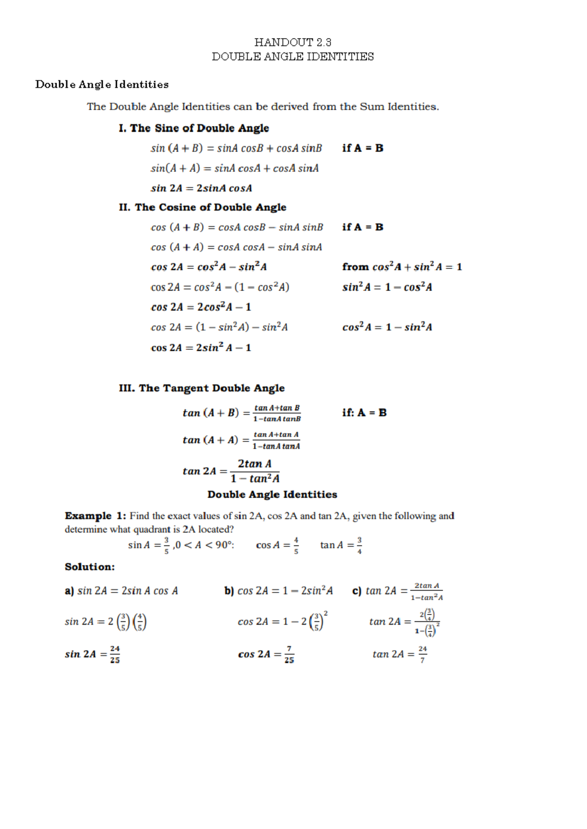 Handout-2 - science - HANDOUT 2. DOUBLE ANGLE IDENTITIES Double Angle ...