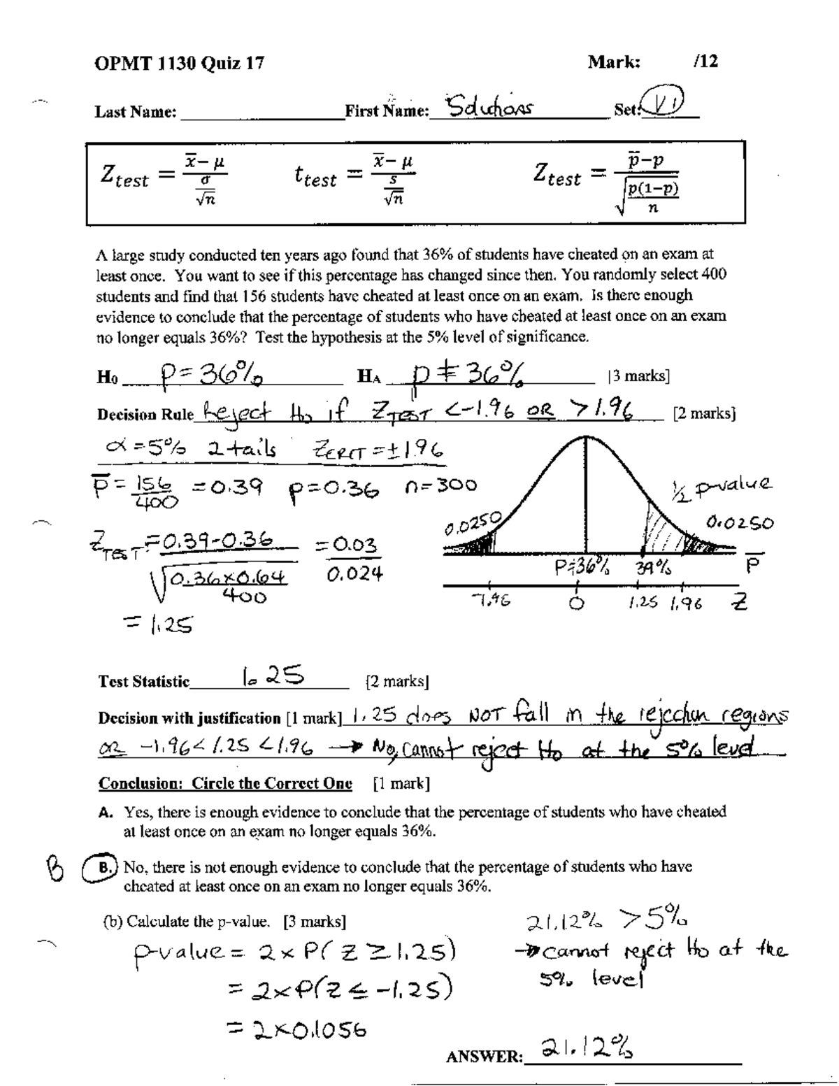 Quiz 17 Solutions OPMT 1130 Business Statistics - OPMT 1130 - Studocu