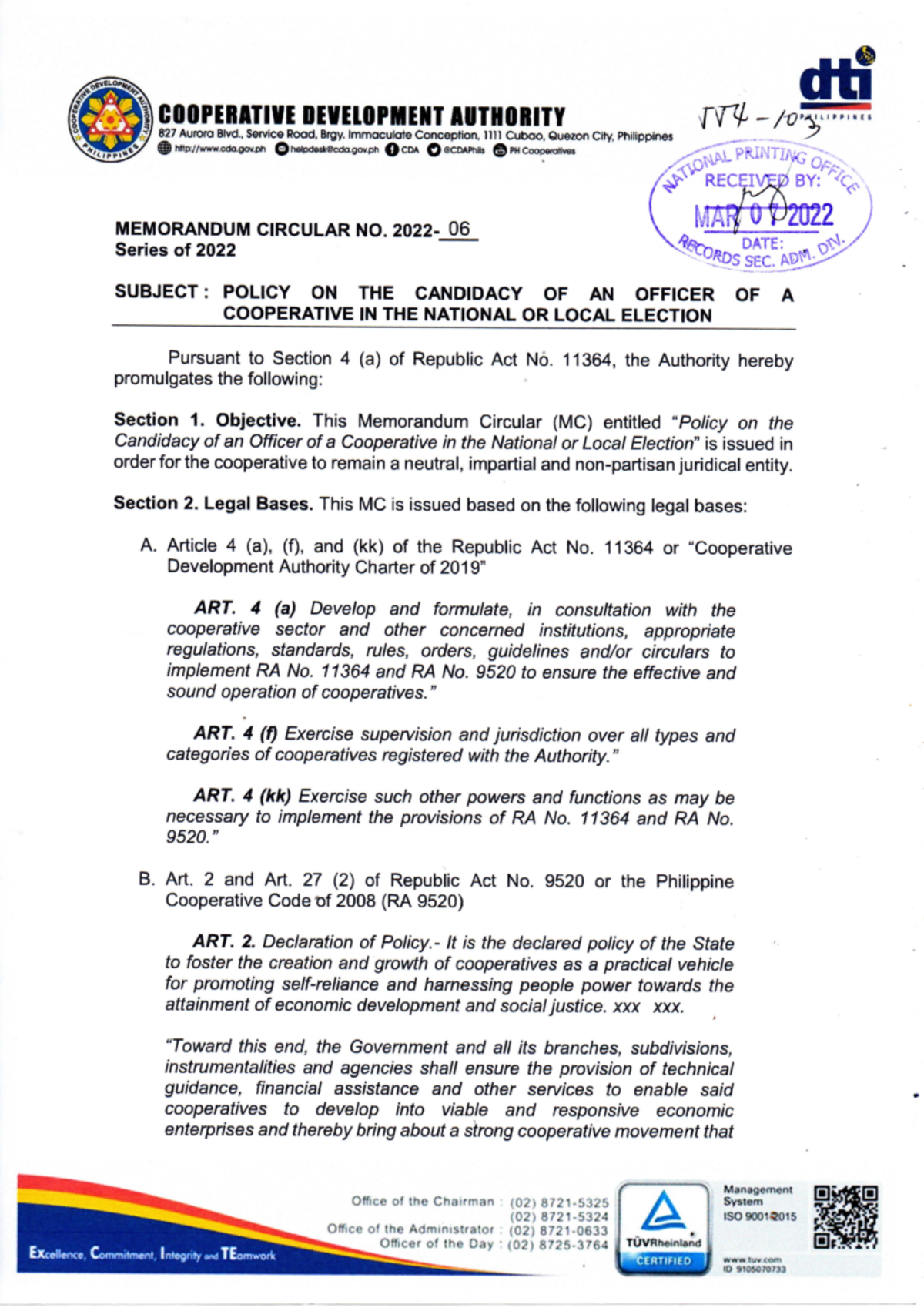 Policy on the Candidacy of an Officer of a Cooperative in the National ...