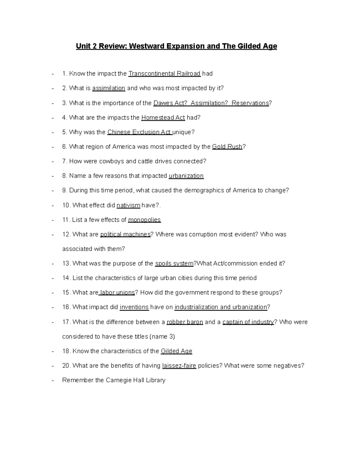 Unit 2 Review-1 - Review for test - Unit 2 Review: Westward Expansion ...