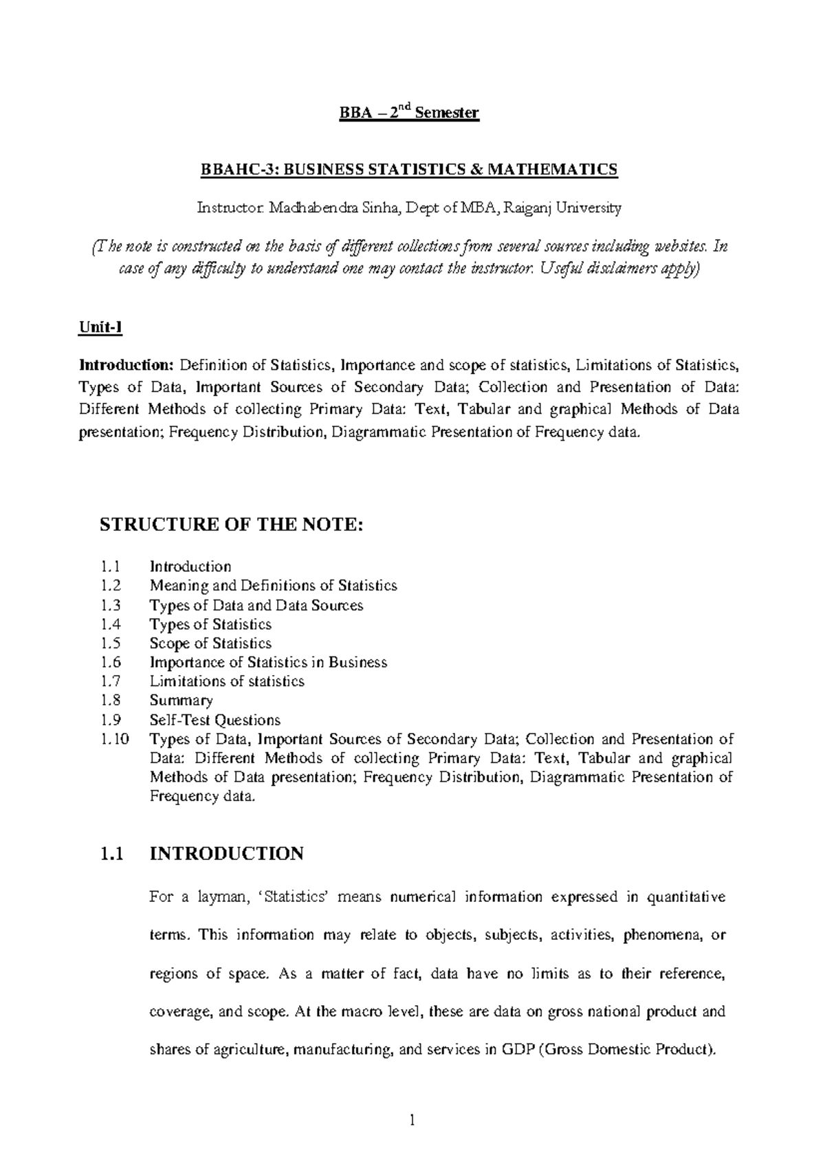 BBA 2nd Sem Bbahc-3 - COURSE CODE: MC- LESSON: 01 AUTHOR: SURINDER ...