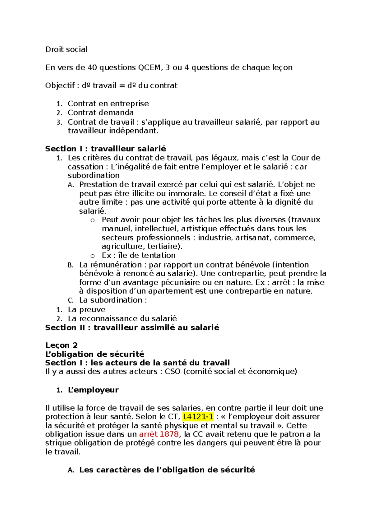 Droit social - Cours - Droit social En vers de 40 questions QCEM, 3 ou ...