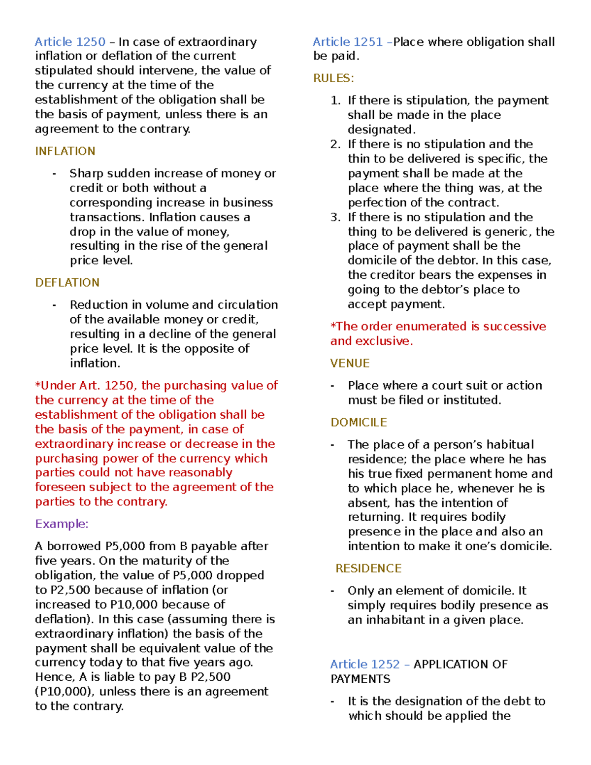 LAW (Article 1250 -1270) - Article 1250 – In case of extraordinary ...