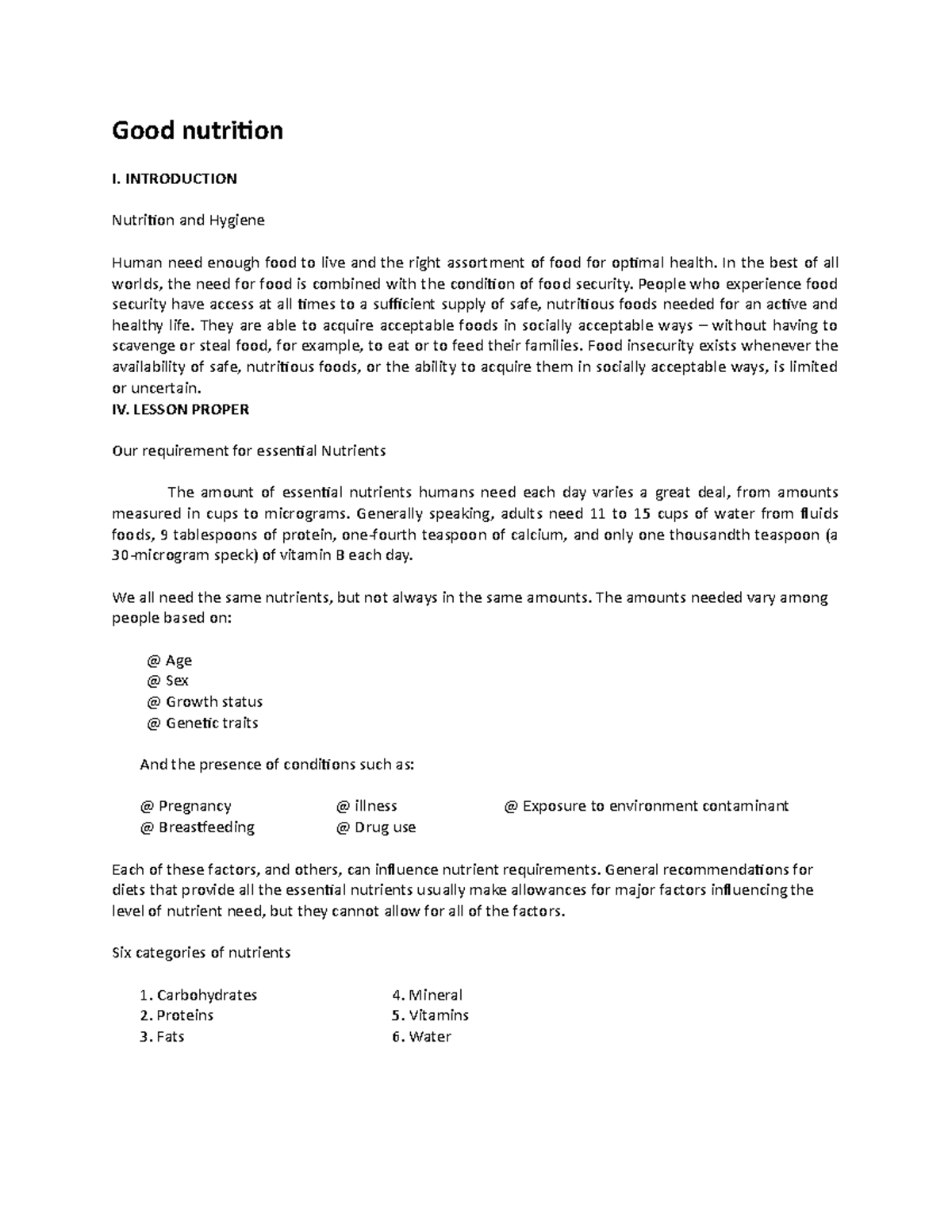 Nutrition and Hygiene - Good nutrition I. INTRODUCTION Nutrition and ...