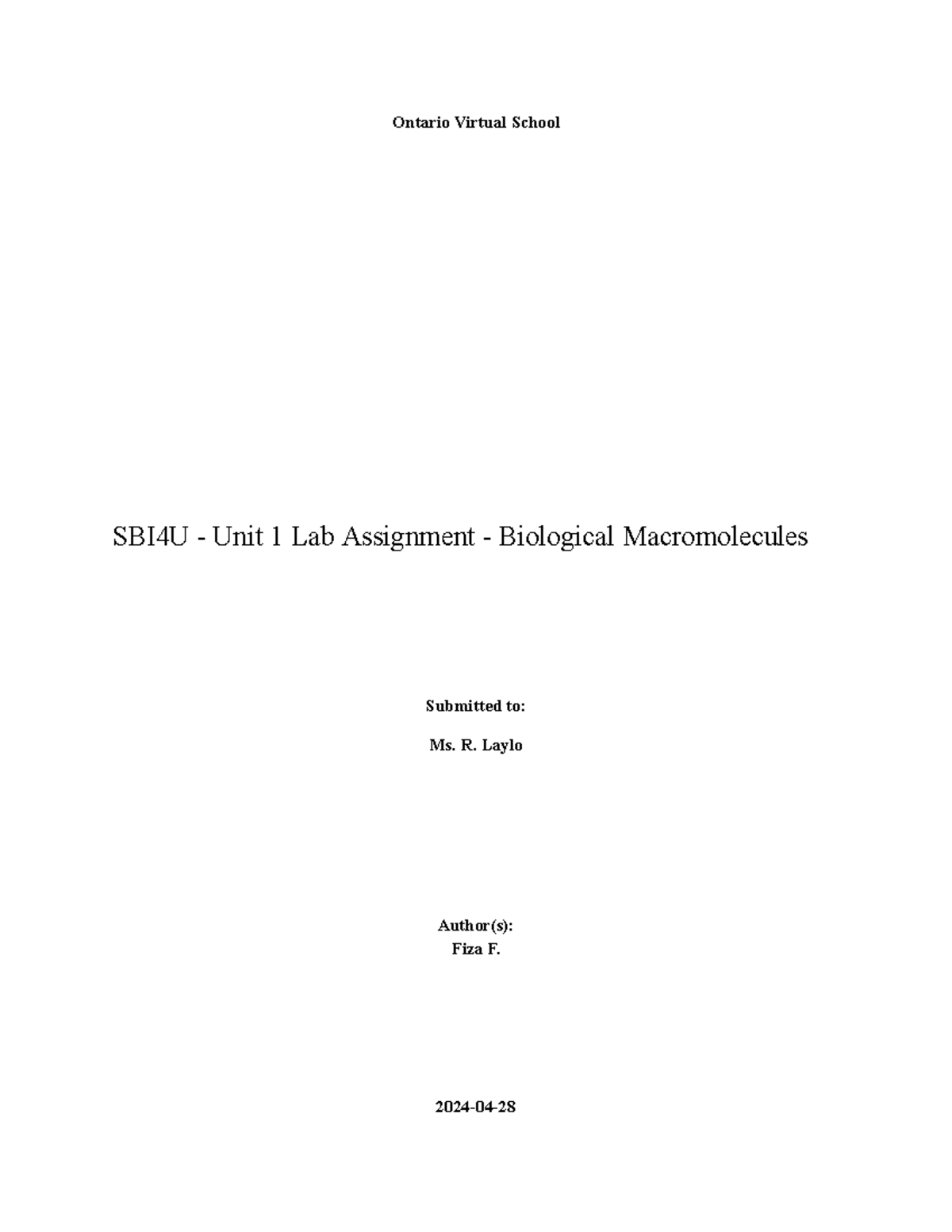 SBI4U - Unit 1 Lab Assignment - Biological Macromolecules - Ontario ...