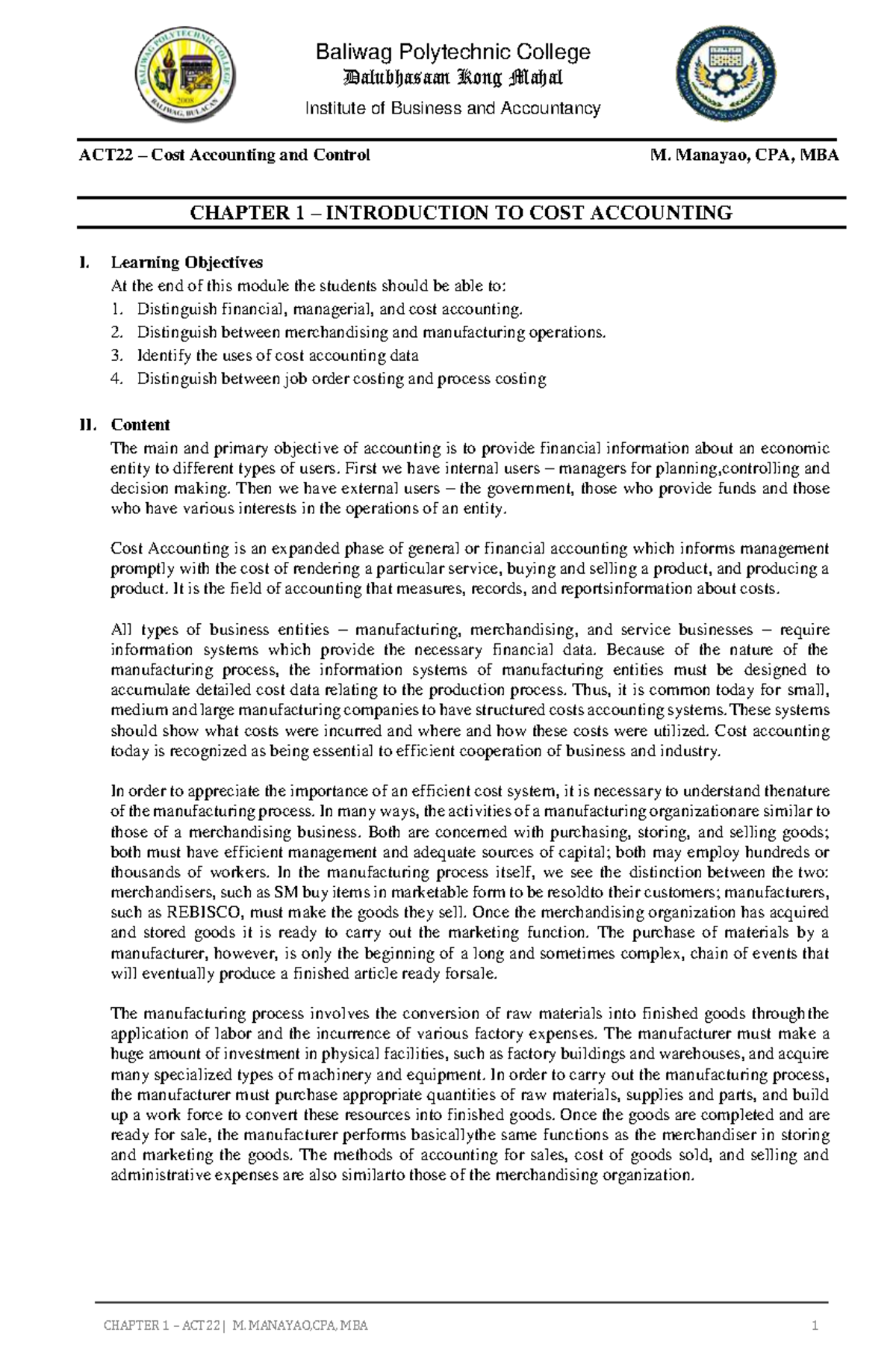 Chapter 1 Introduction to Cost Accounting - ACT22 – Cost Accounting and ...