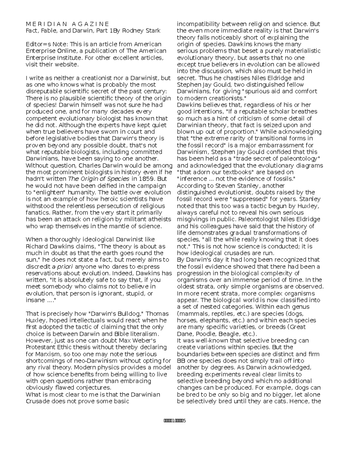 Darwinism - Stark - M E R I D I A N A G A Z I N E Fact, Fable, and ...