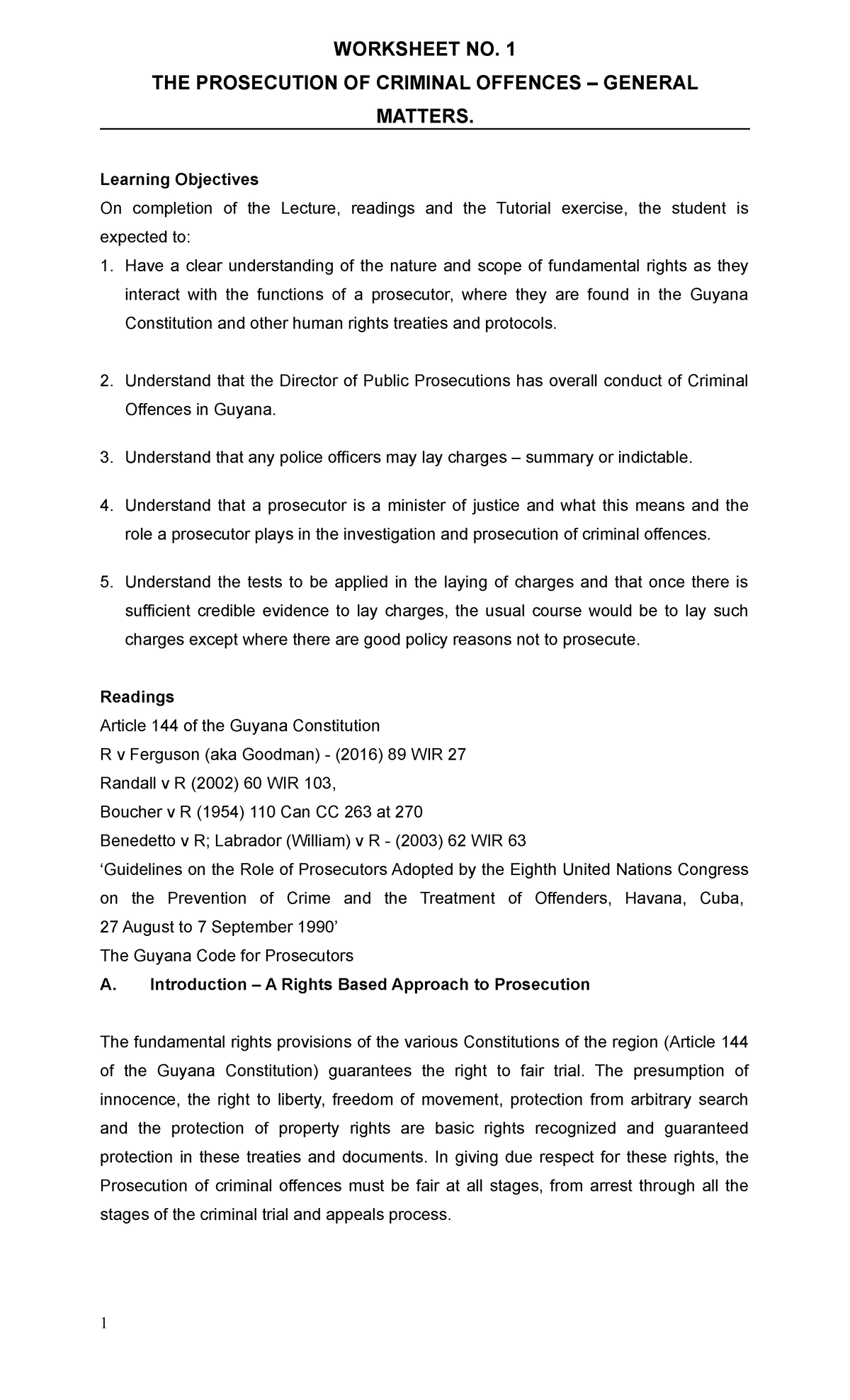 Worksheet 1 - Tutorial for Prosecutor's Course - WORKSHEET NO. 1 THE PROSECUTION OF CRIMINAL ...