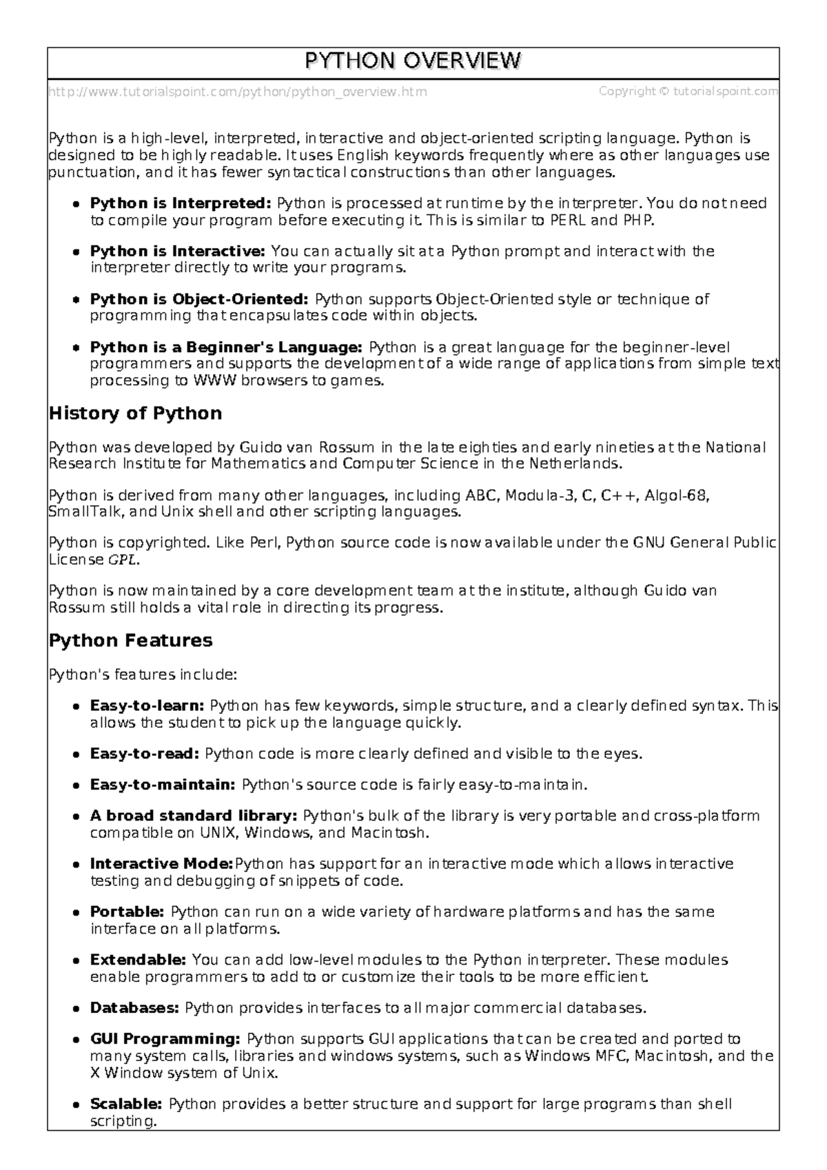 introduction to python - tutorialspoint/python/python_overview.htm Copyright © tutorialspoint ...