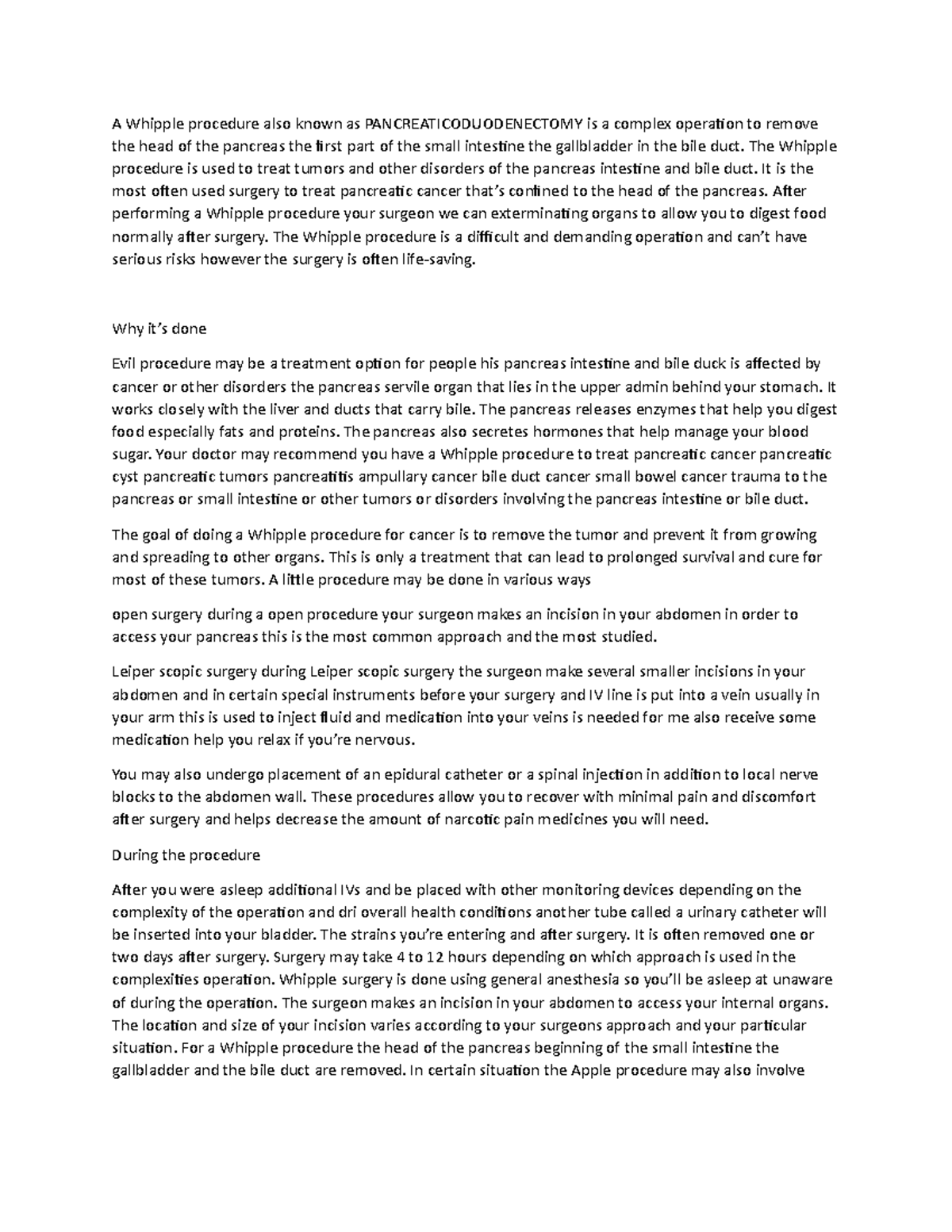 Surgery essay - Brian Gray whipple procedure - A Whipple procedure also ...